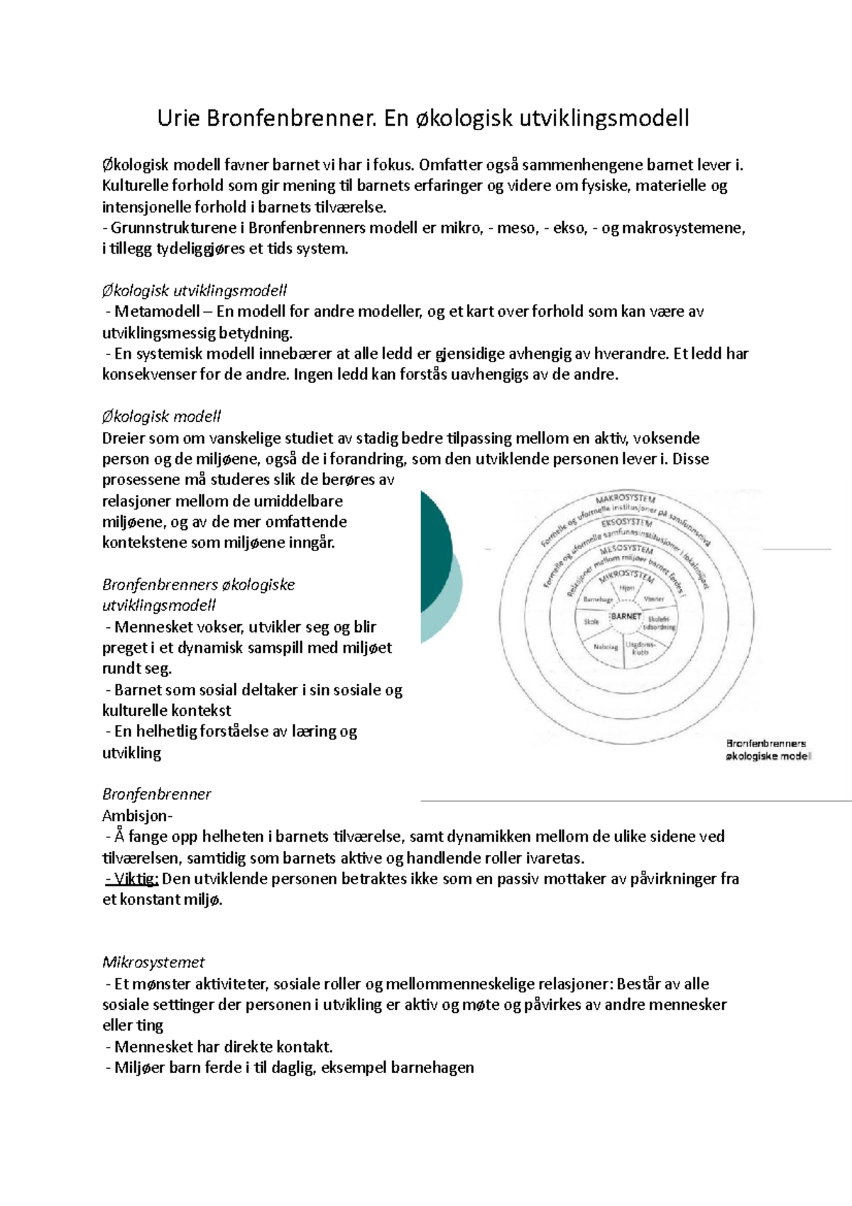 Bronfenbrenners Økologiske Utviklingsmodell: SRLE Oversikt - Studocu