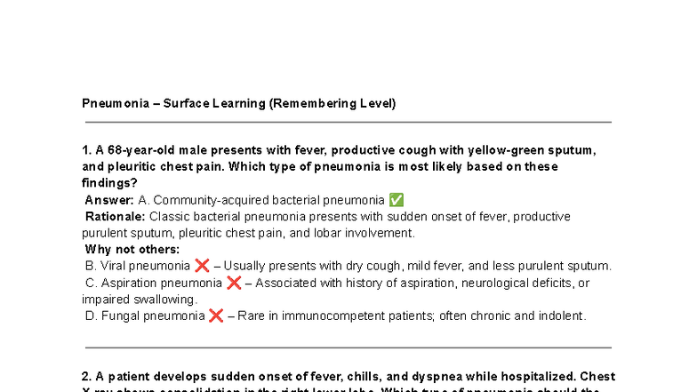 Pneumonia Answer Key - Understanding & Analyzing Levels (PNEUMO 101 ...