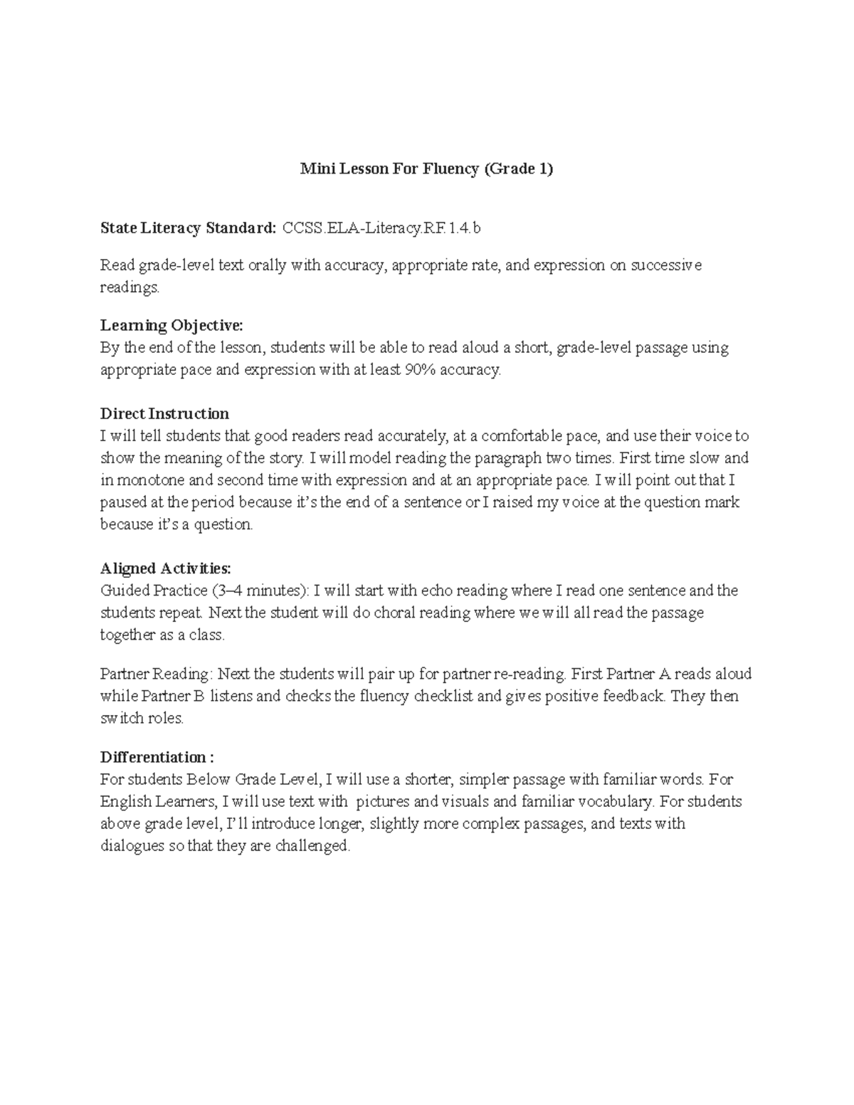 Fluency & Comprehension Mini-Lessons (Grade 1) - Studocu