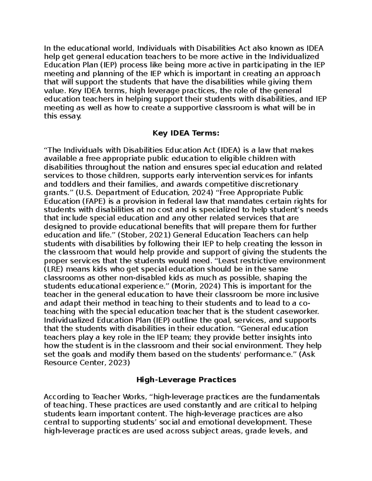 IDEA Compliance: Teacher's Role in the IEP Process Essay - Studocu