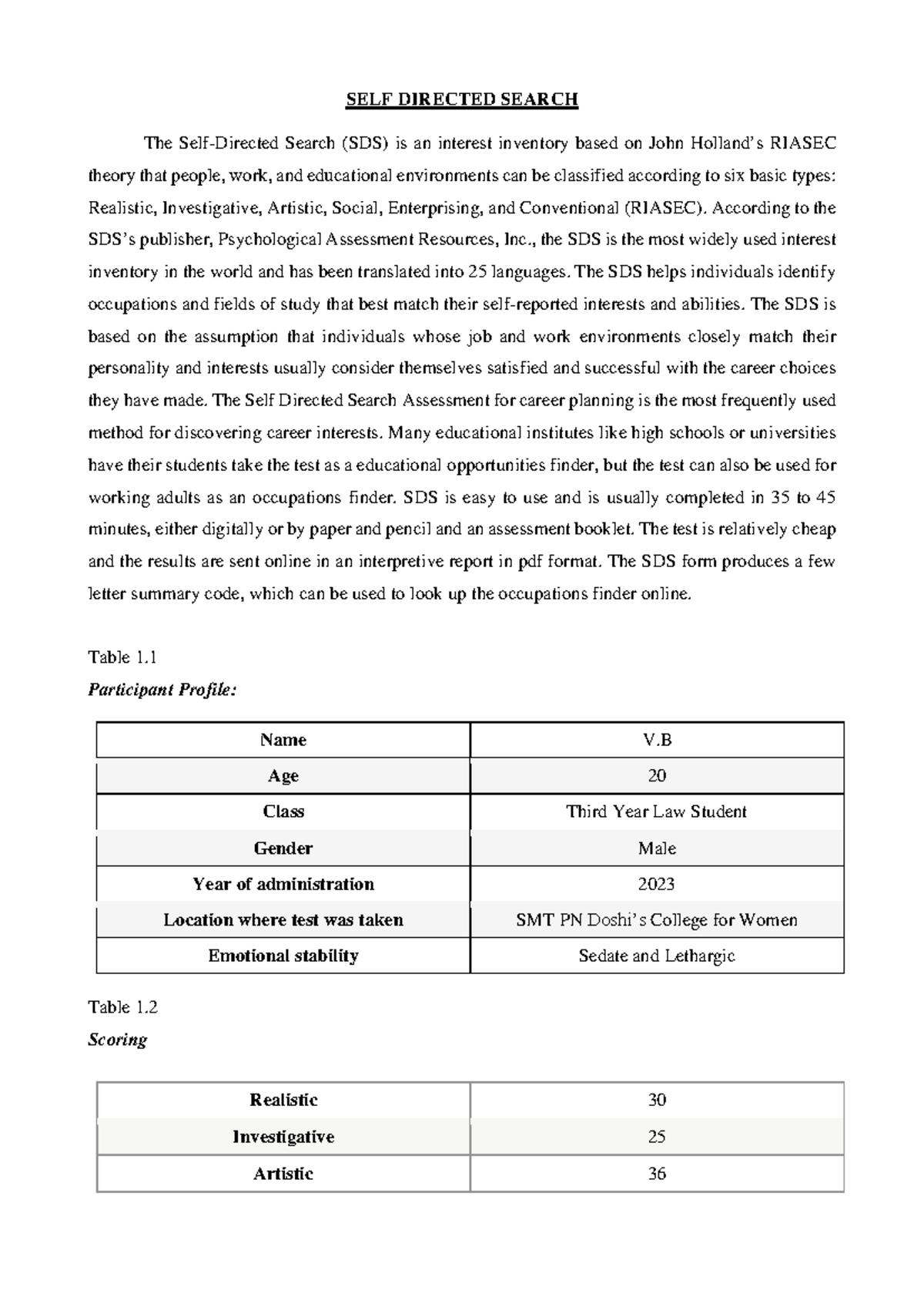 SDS Interpretation and Career Profile Analysis for a Law Student - Studocu