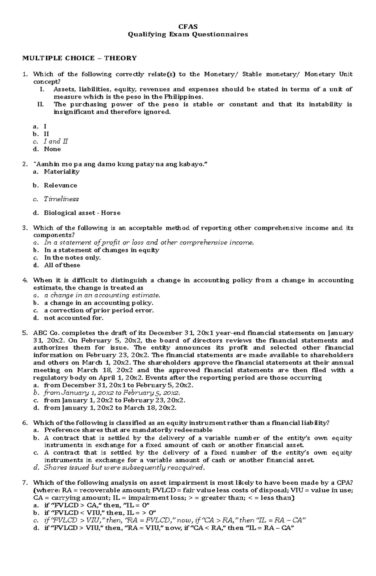 CFAS Qualifying Exam Questions and Answers for Review - Studocu
