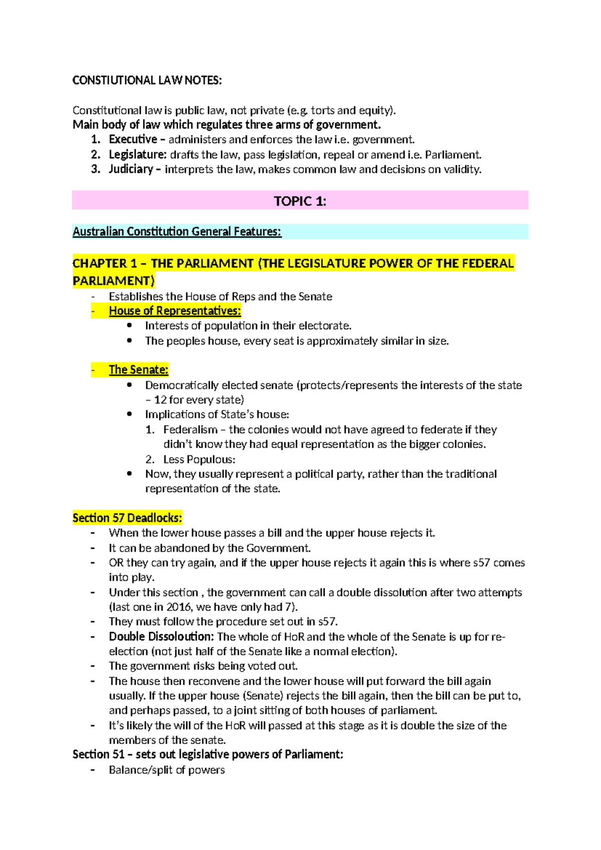 Constitutional Law Notes: Key Concepts and Legislative Powers (LAW101 ...