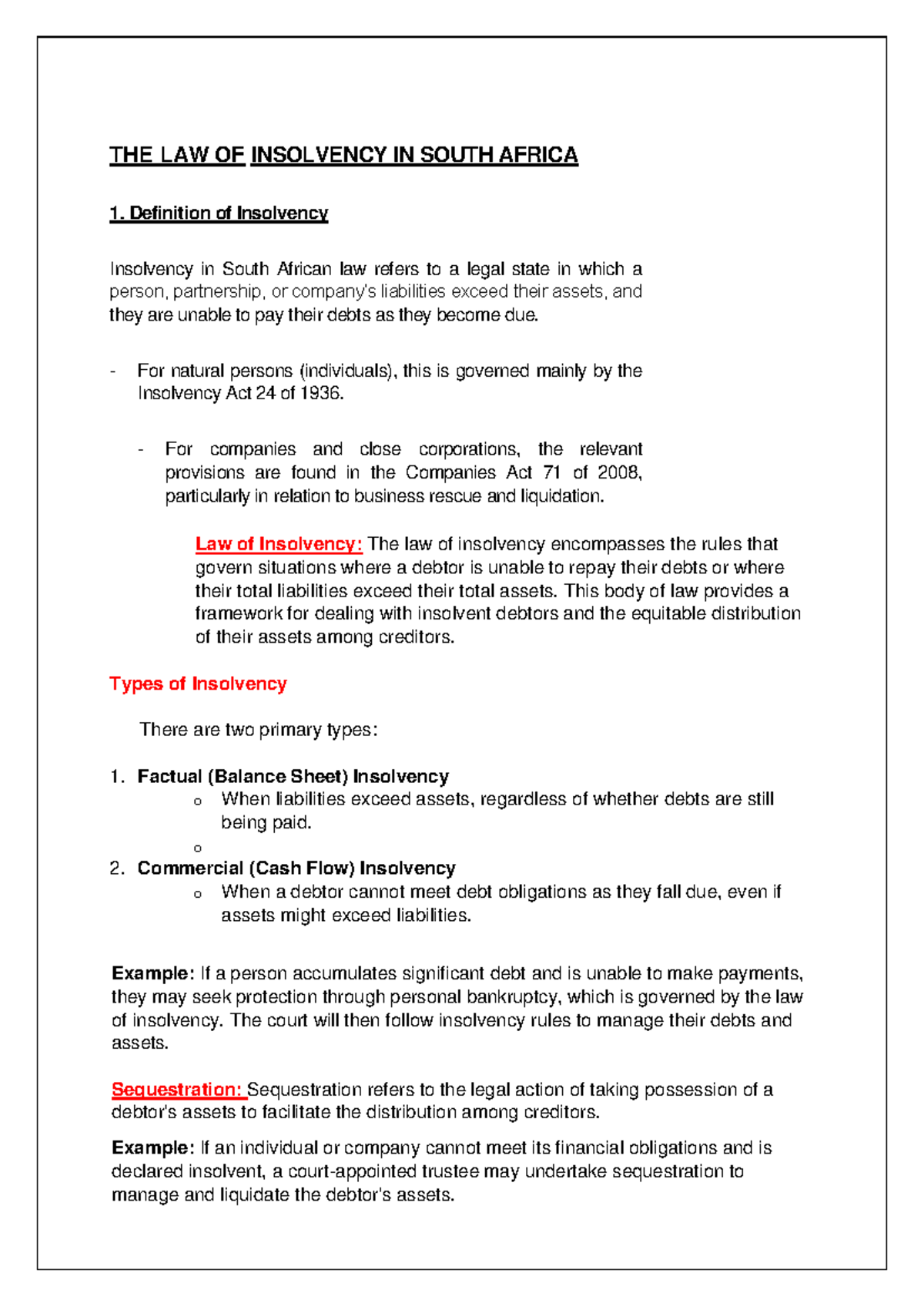 LAW OF INSOLVENCY IN SA - COMMERCIAL LAW OVERVIEW - Studocu