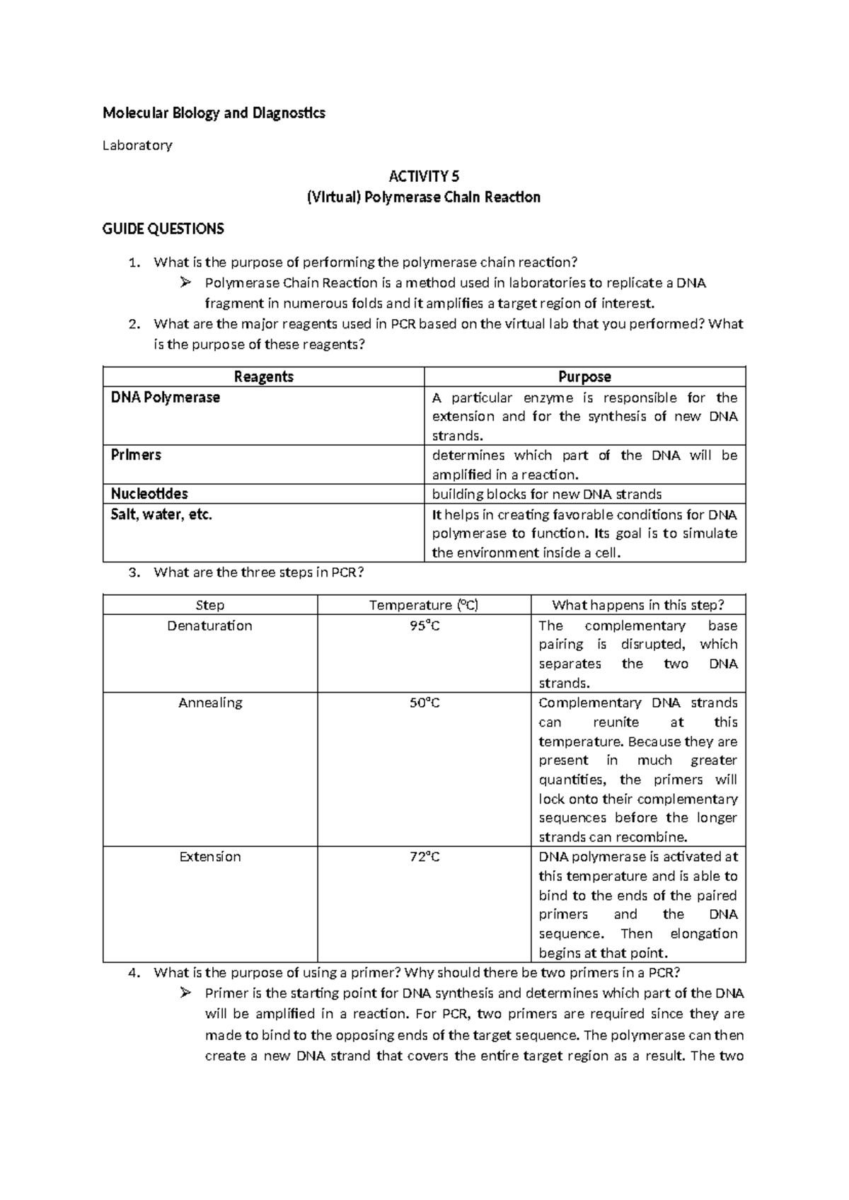 Molecular Biology Lab: Activity 5 - PCR Guide Questions - Studocu