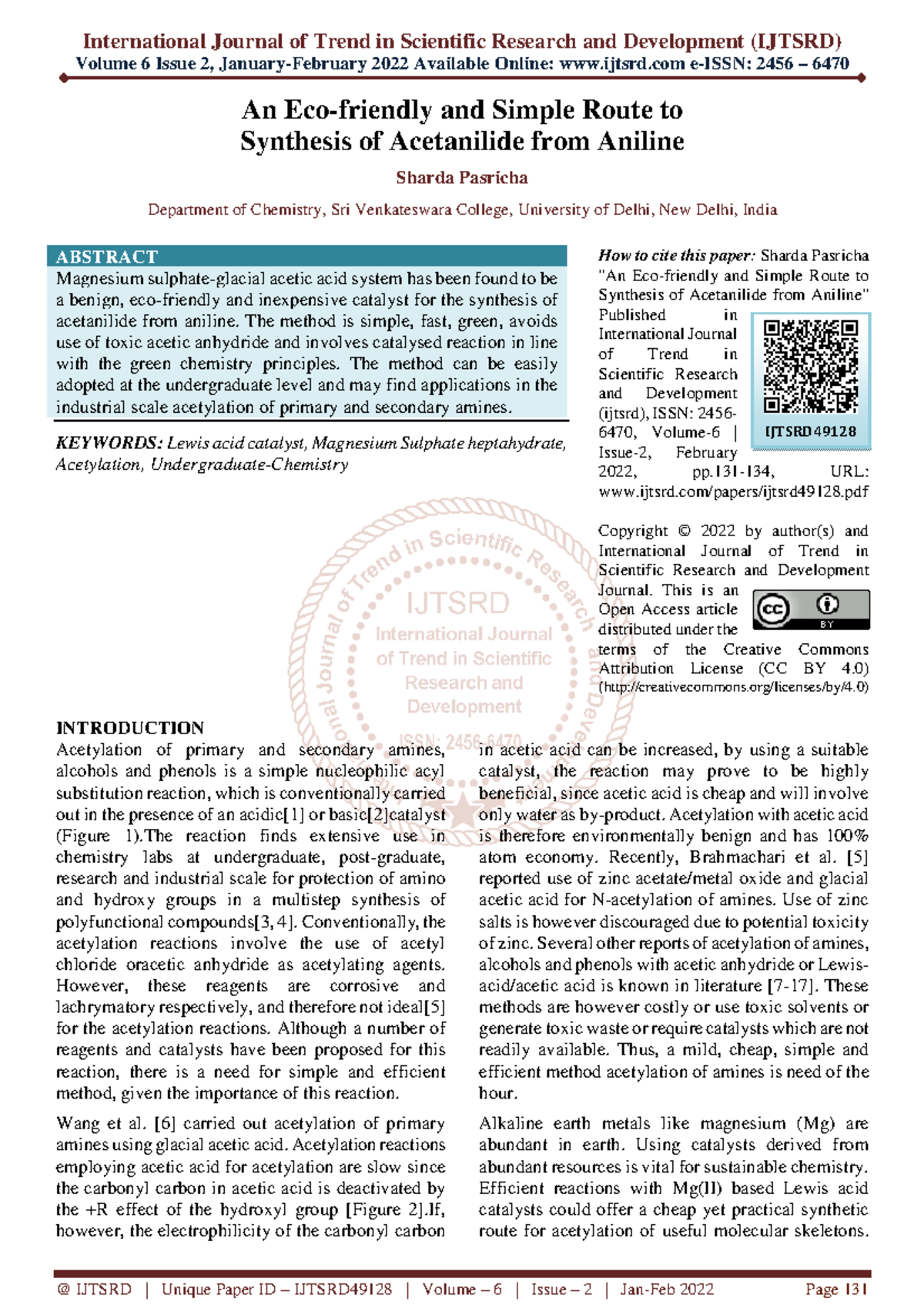 IJTSRD49128: Green Synthesis of Acetanilide from Aniline Using MgSO4 ...