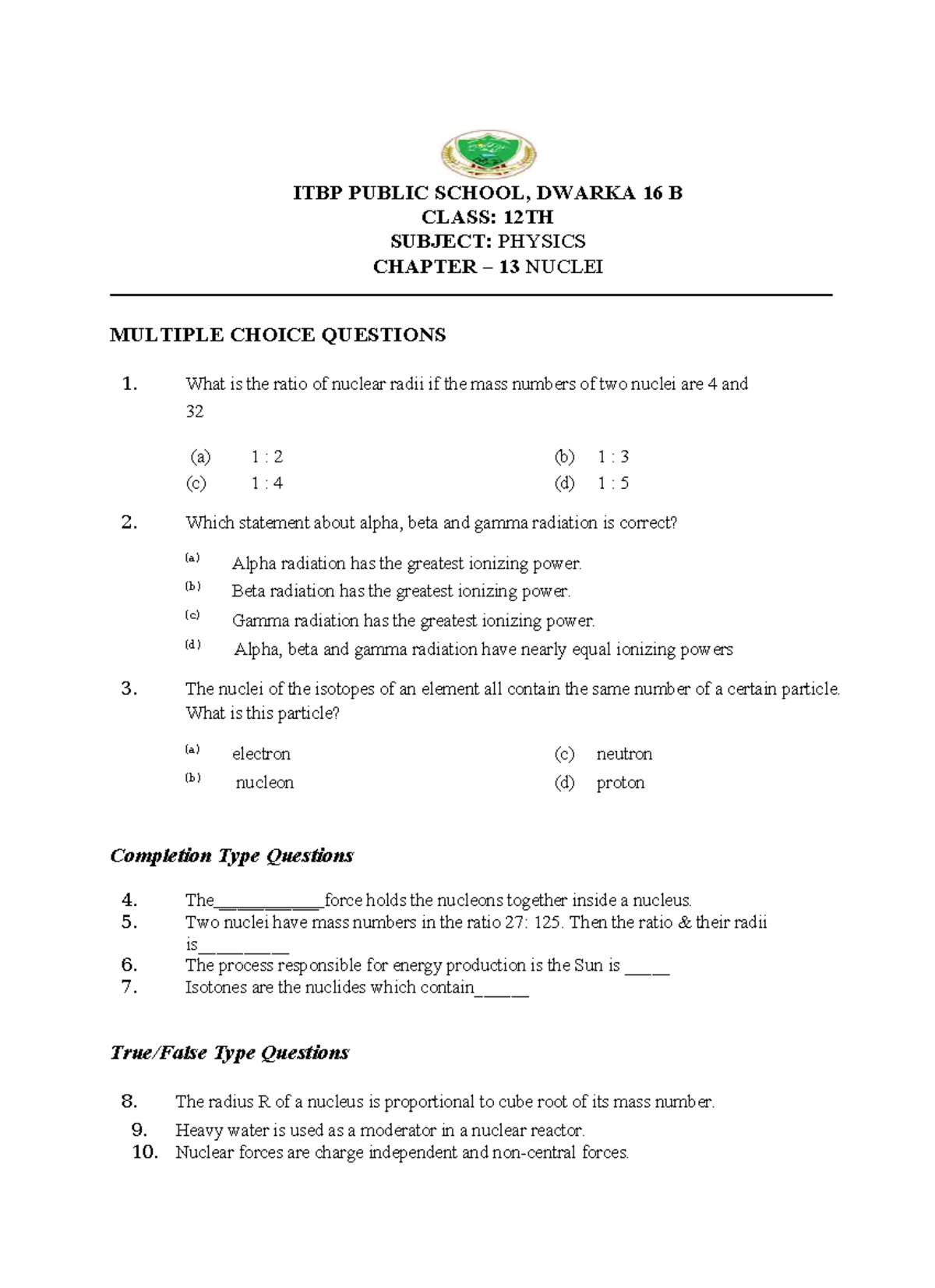 ITBP PUBLIC SCHOOL, DWARKA 12TH PHYSICS CHAPTER 13 NUCLEI MCQs ...