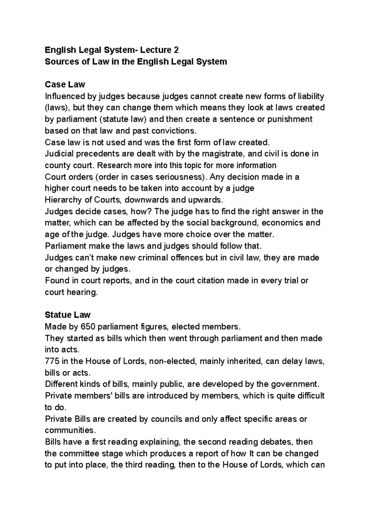 ELS- Lecture 2 copy - English Legal System- Lecture 2 Sources of Law in ...