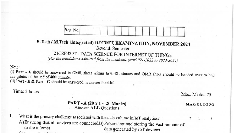 Data Science for IoT - 21CSE429T, 7th Sem Exam Paper - Studocu