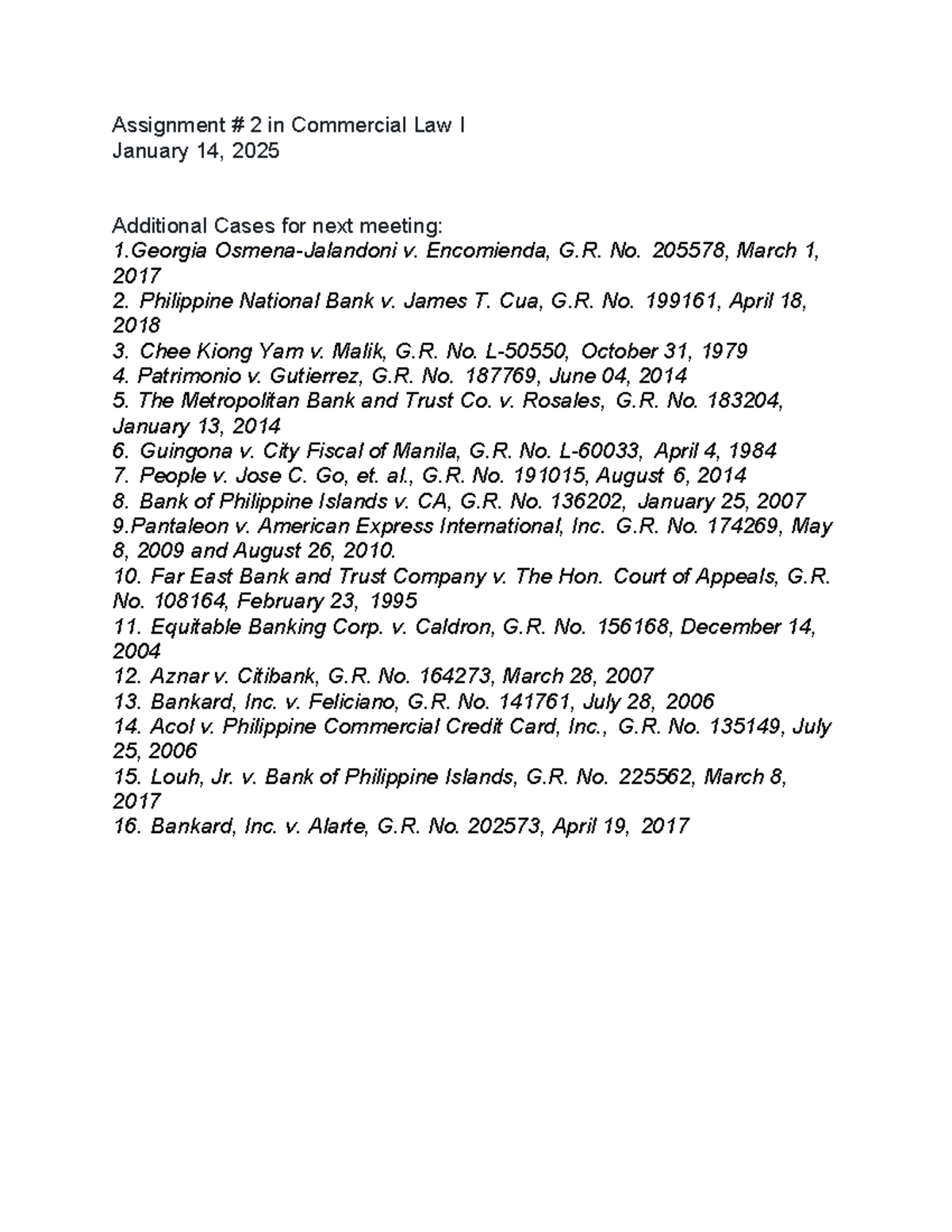 Assignment 2: Additional Cases for Commercial Law I Lecture - Studocu