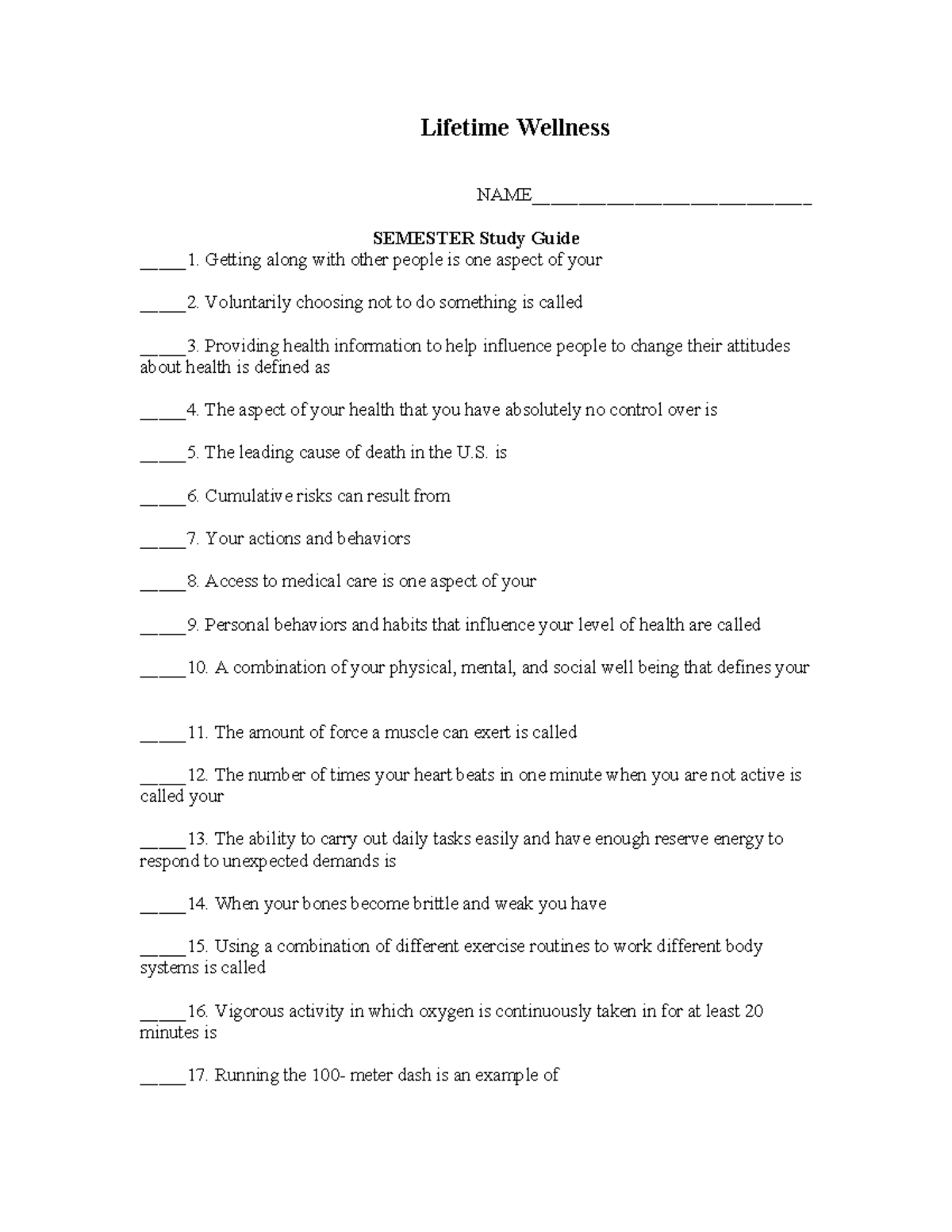 Lifetime Wellness SEM1 Final Exam Study Guide - Studocu