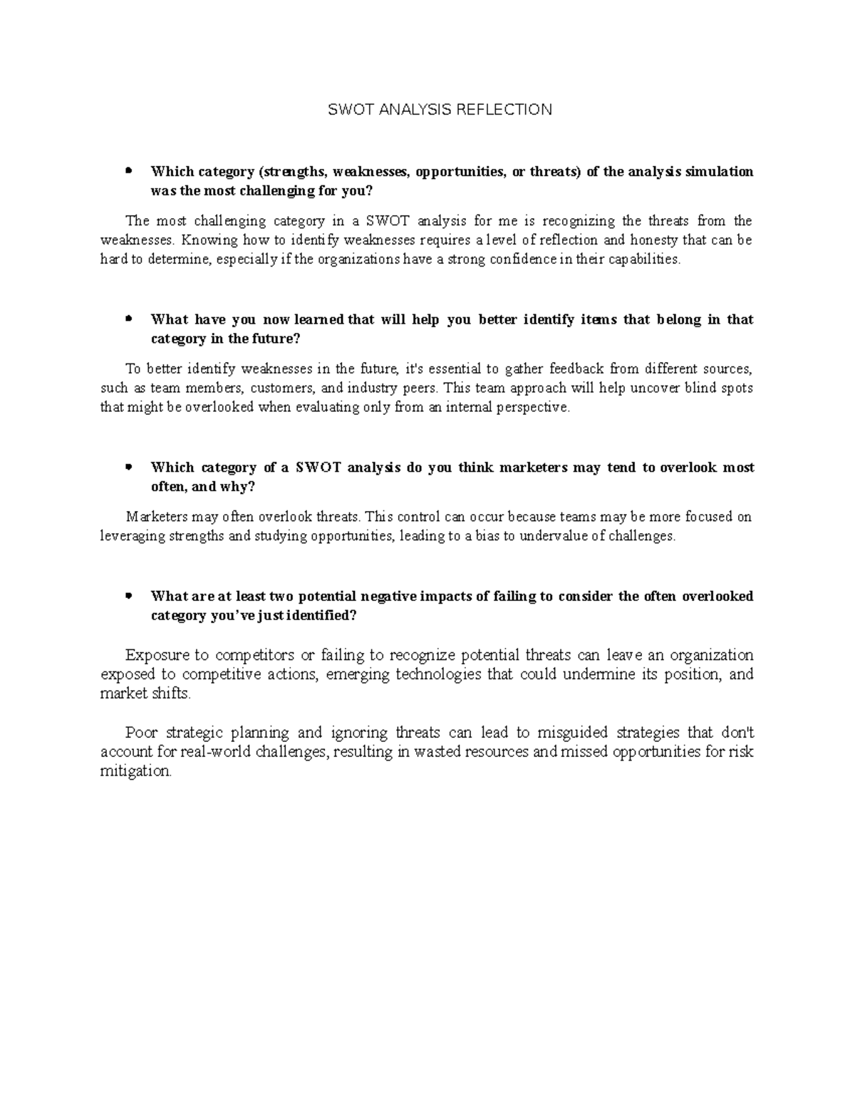 Module 6 - Reflecting on SWOT Analysis Challenges and Insights - Studocu