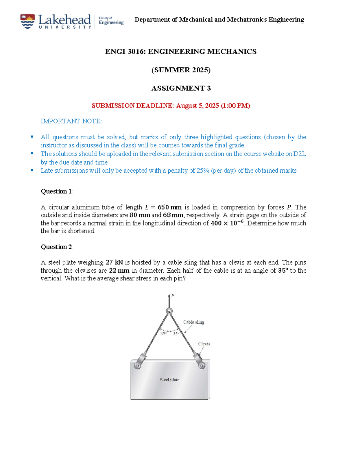 ENGI 3016: Engineering Mechanics Assignment 3 Guidelines (Summer 2025) - Studocu