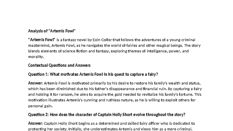 Artemis Fowl: Character Analysis and Plot Development Insights - Studocu