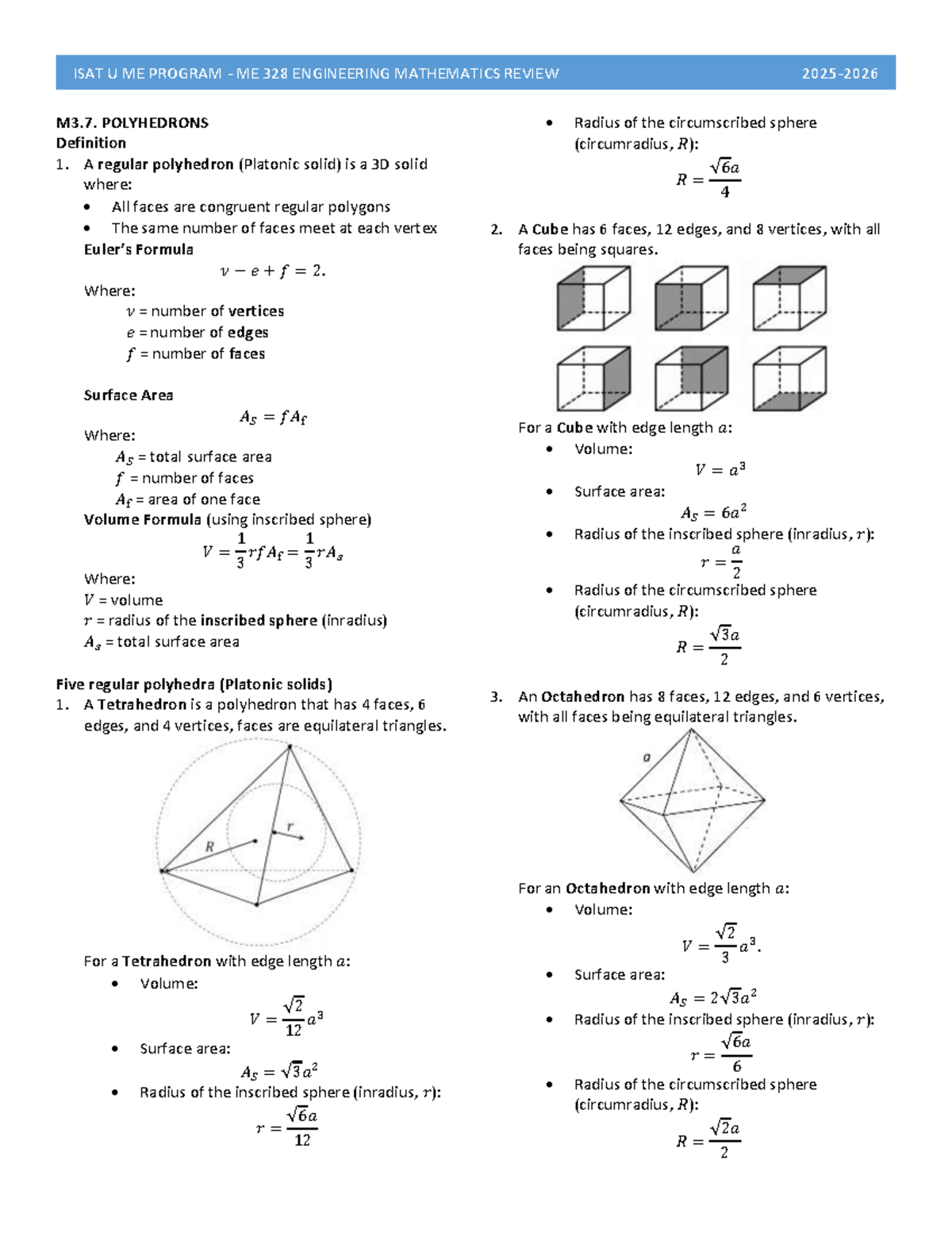 ME 328 Engineering Mathematics Review - Polyhedrons and Surfaces - Studocu