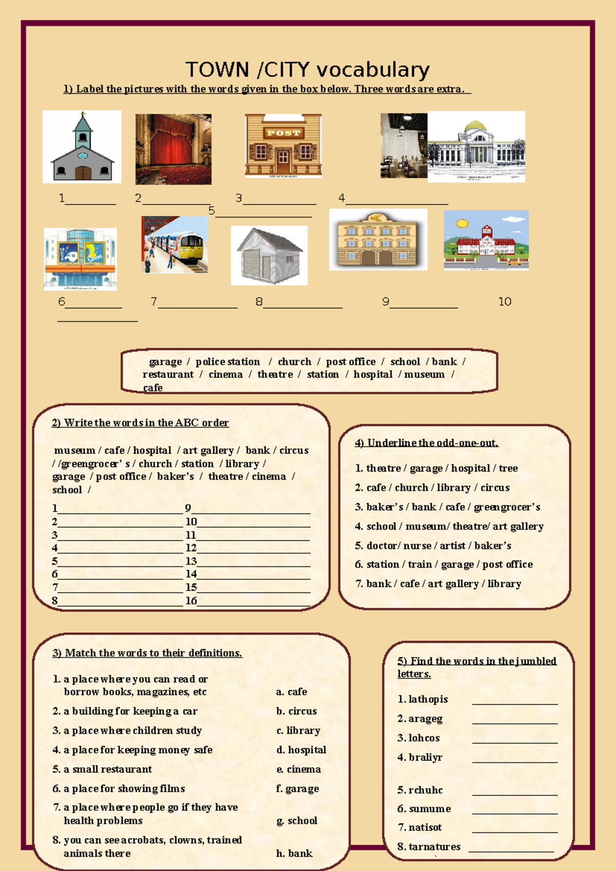 Town Vocabulary Exercises: Labeling, Matching, and Jumbled Words - Studocu