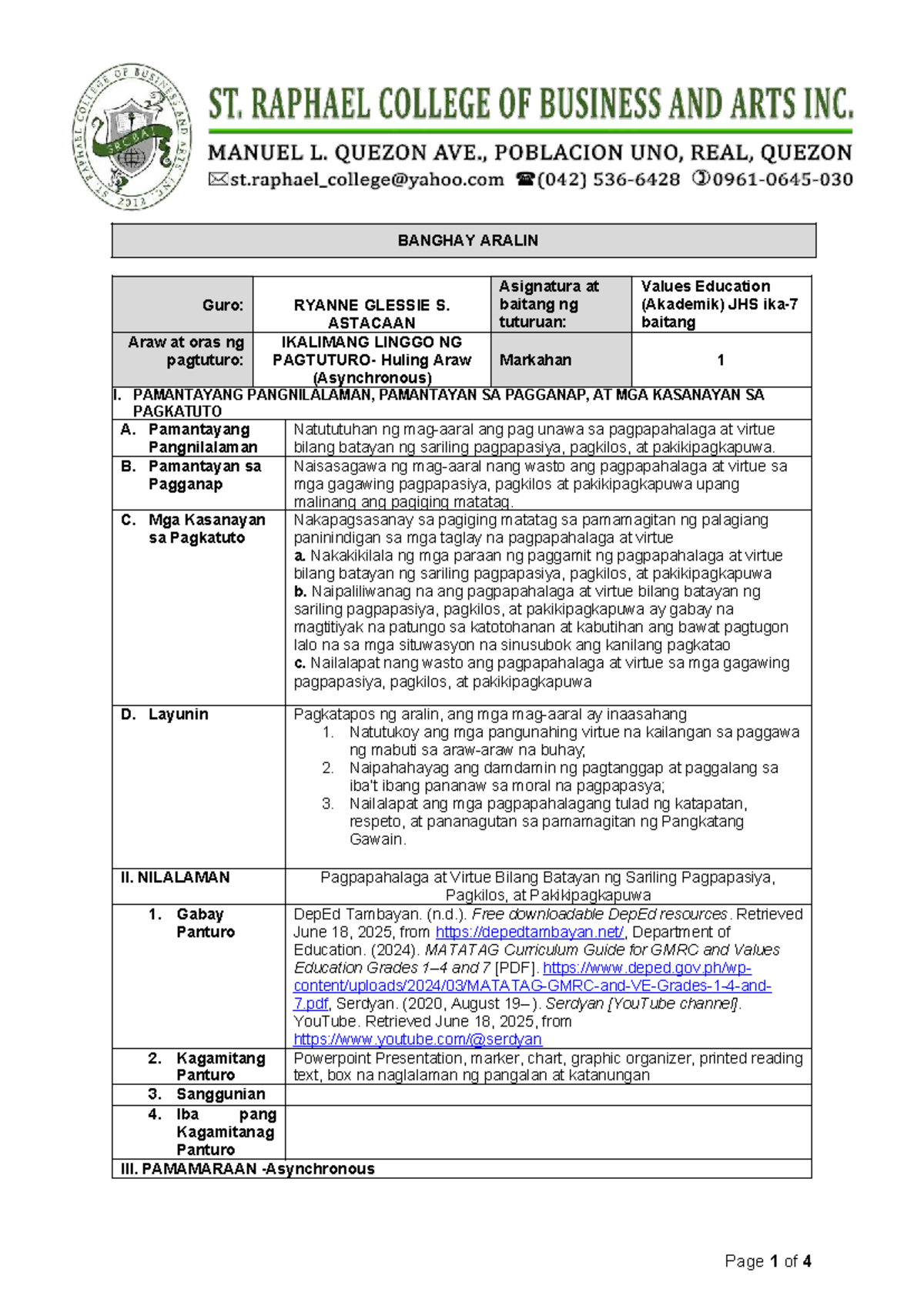 WEEK 5 VALUES EDUCATION LESSON PLAN - RYANNE GLESSIE S. ASTACAAN - Studocu