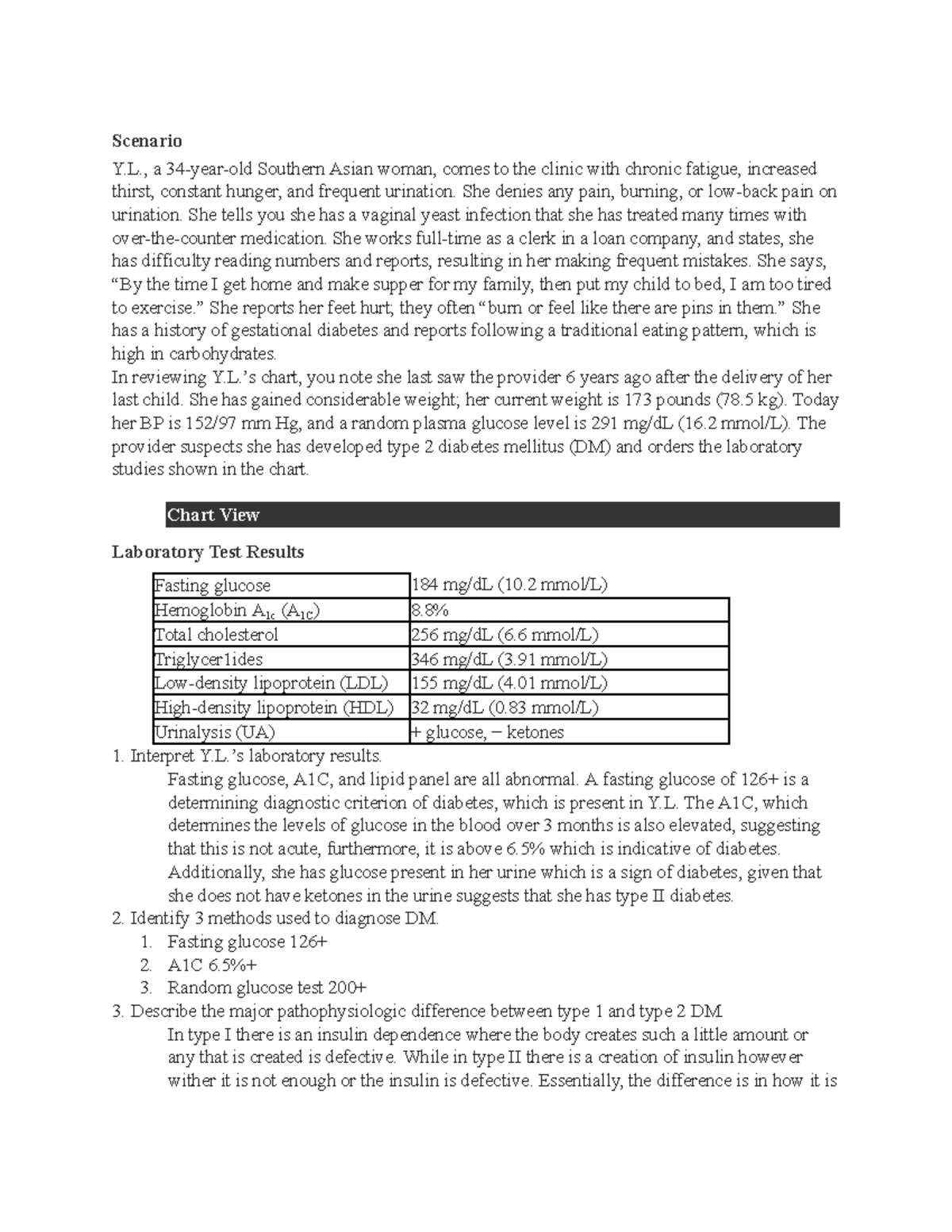 Case Study Diabetes Mellitus Type II - Scenario Y., a 34-year-old ...