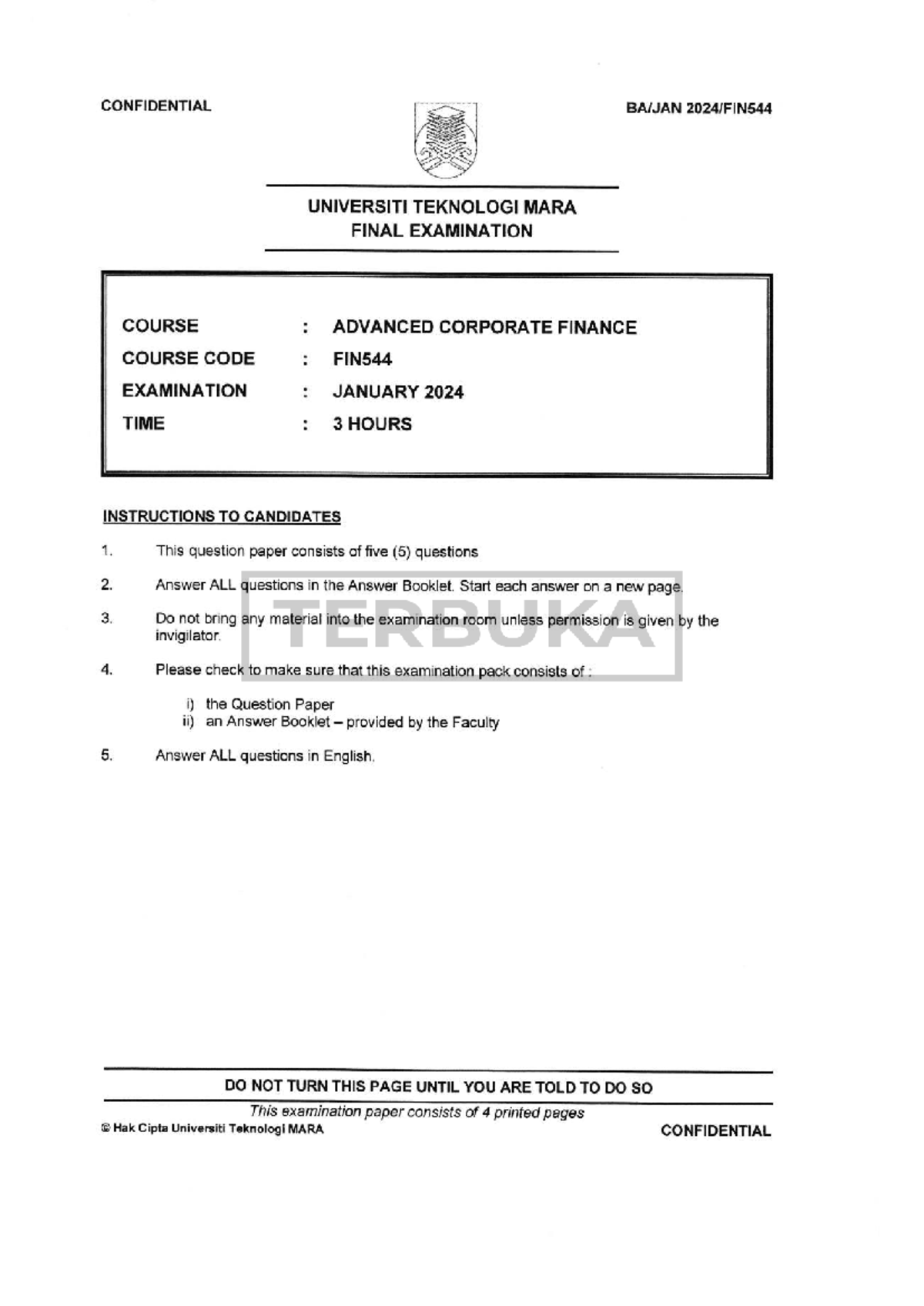 FIN544 JAN 2024 - Advanced Corporate Finance Final Exam - Studocu