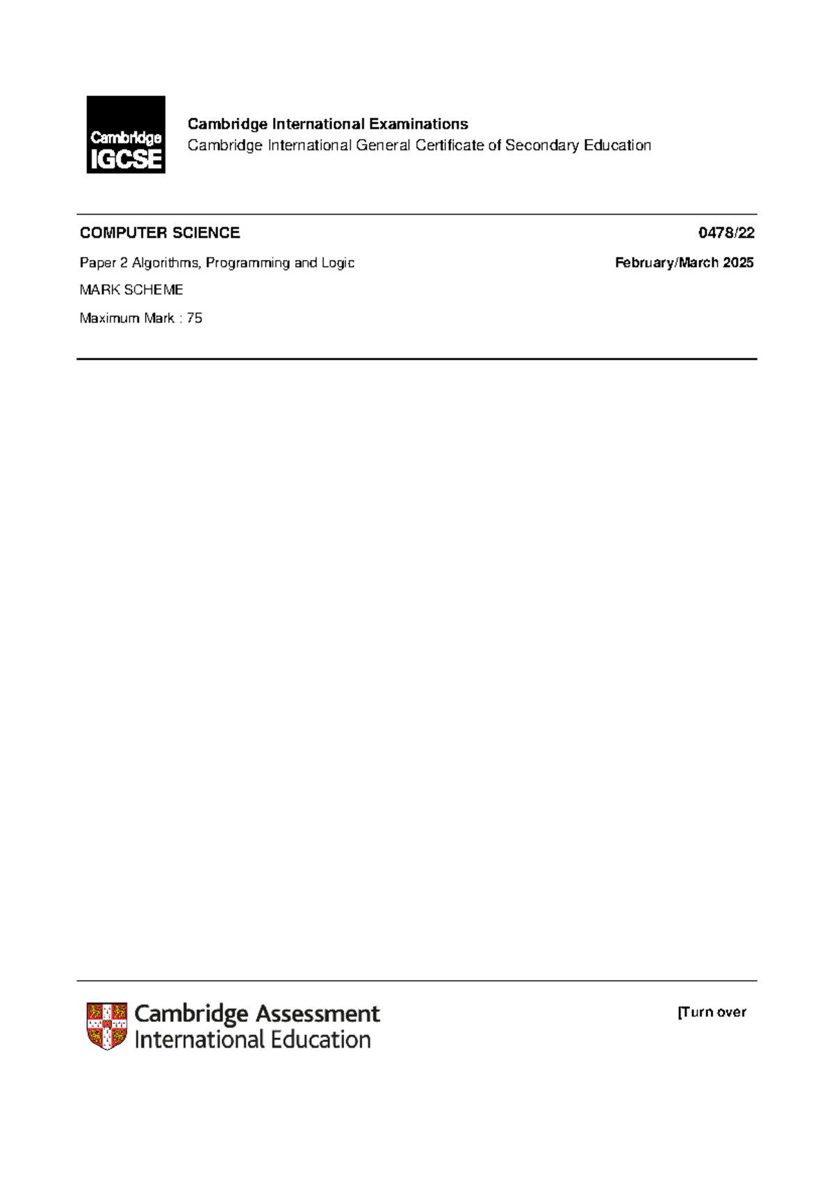 IGCSE 0478/25 Mark Scheme for Computer Science Paper 2 (2025) - Studocu