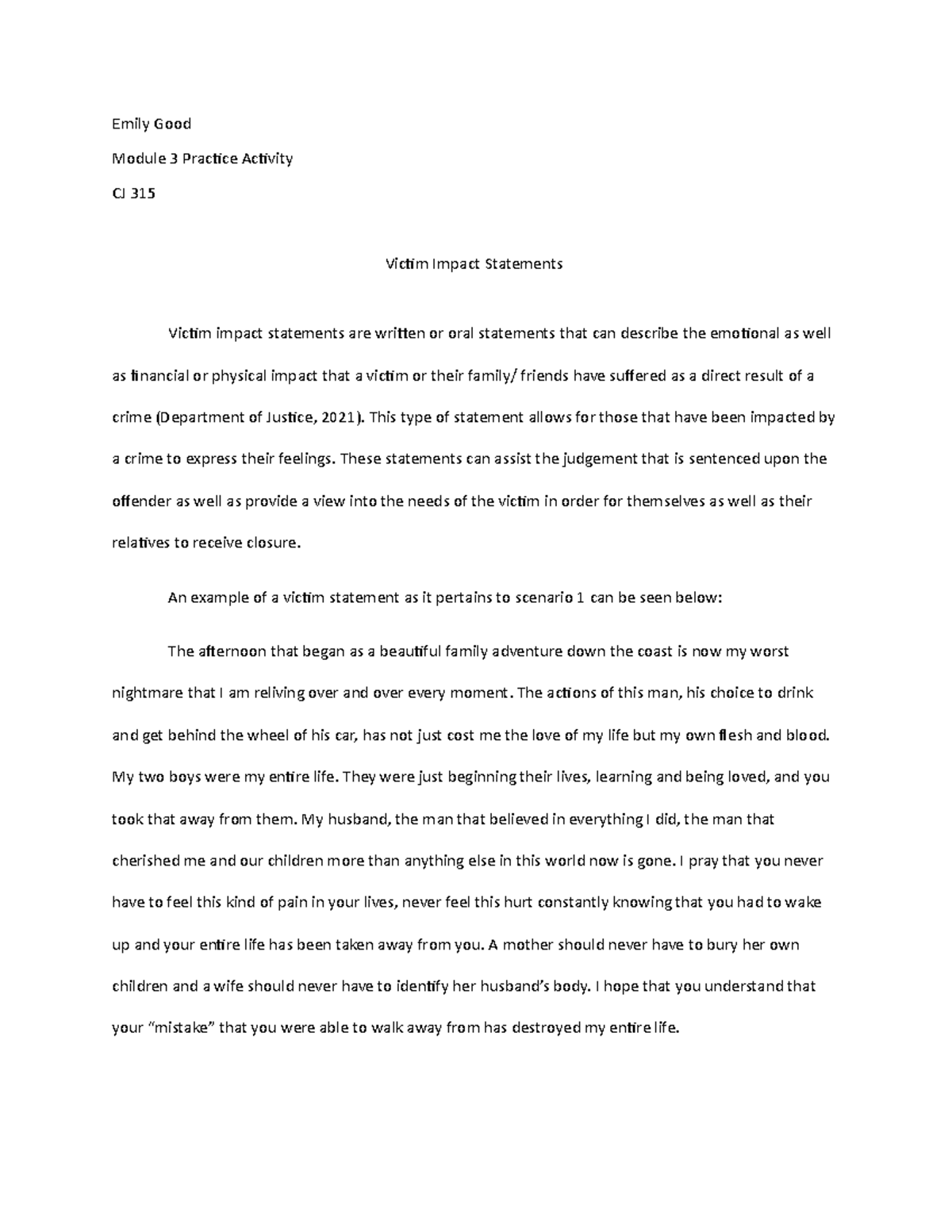 CJ 315 Module 3 Victim Impact Statements Practice Activity - Studocu