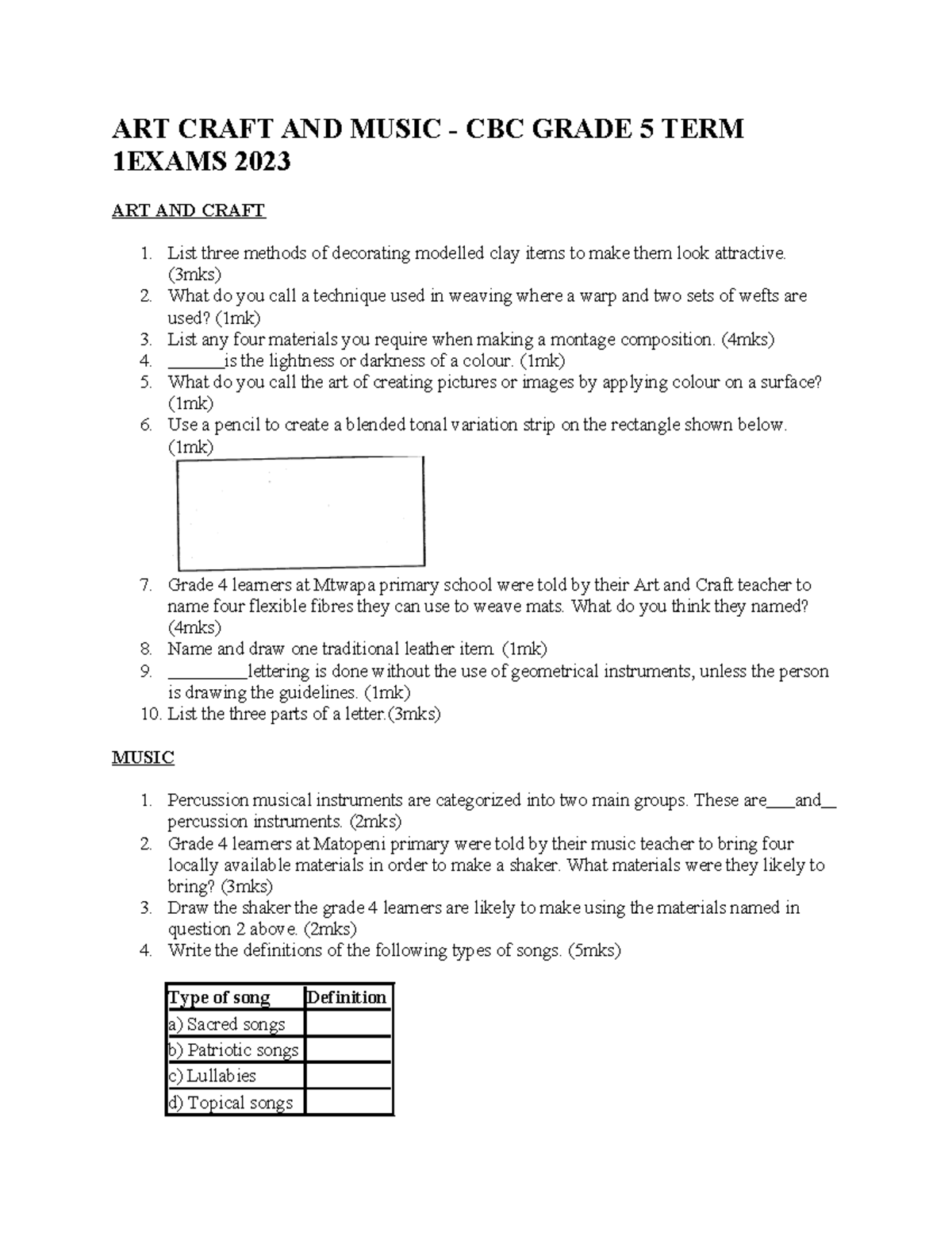 ART CRAFT AND MUSIC CBC GRADE 5 TERM 1 EXAM QUESTIONS 2023 - Studocu
