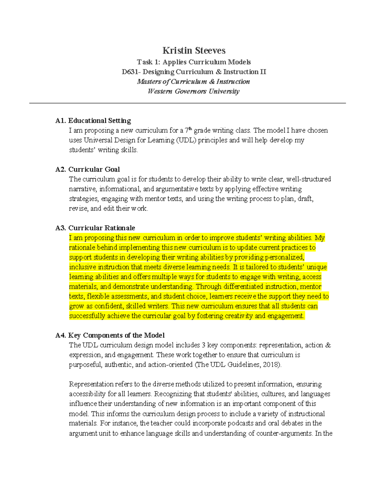 D631-Task 1: UDL Curriculum Proposal for 7th Grade Writing Class - Studocu
