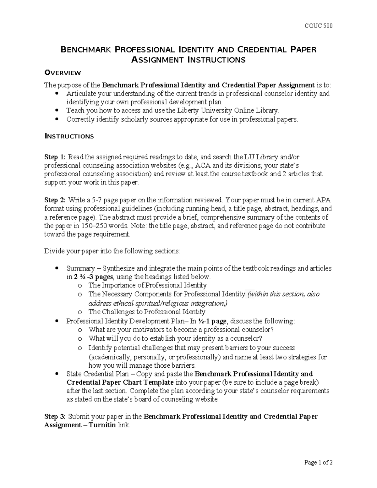 COUC 500 Benchmark Paper: Professional Identity & Credential Development - Studocu