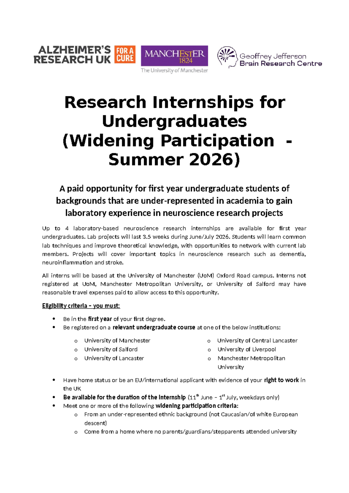2026 Neuroscience Summer Internships for Undergraduates - Studocu