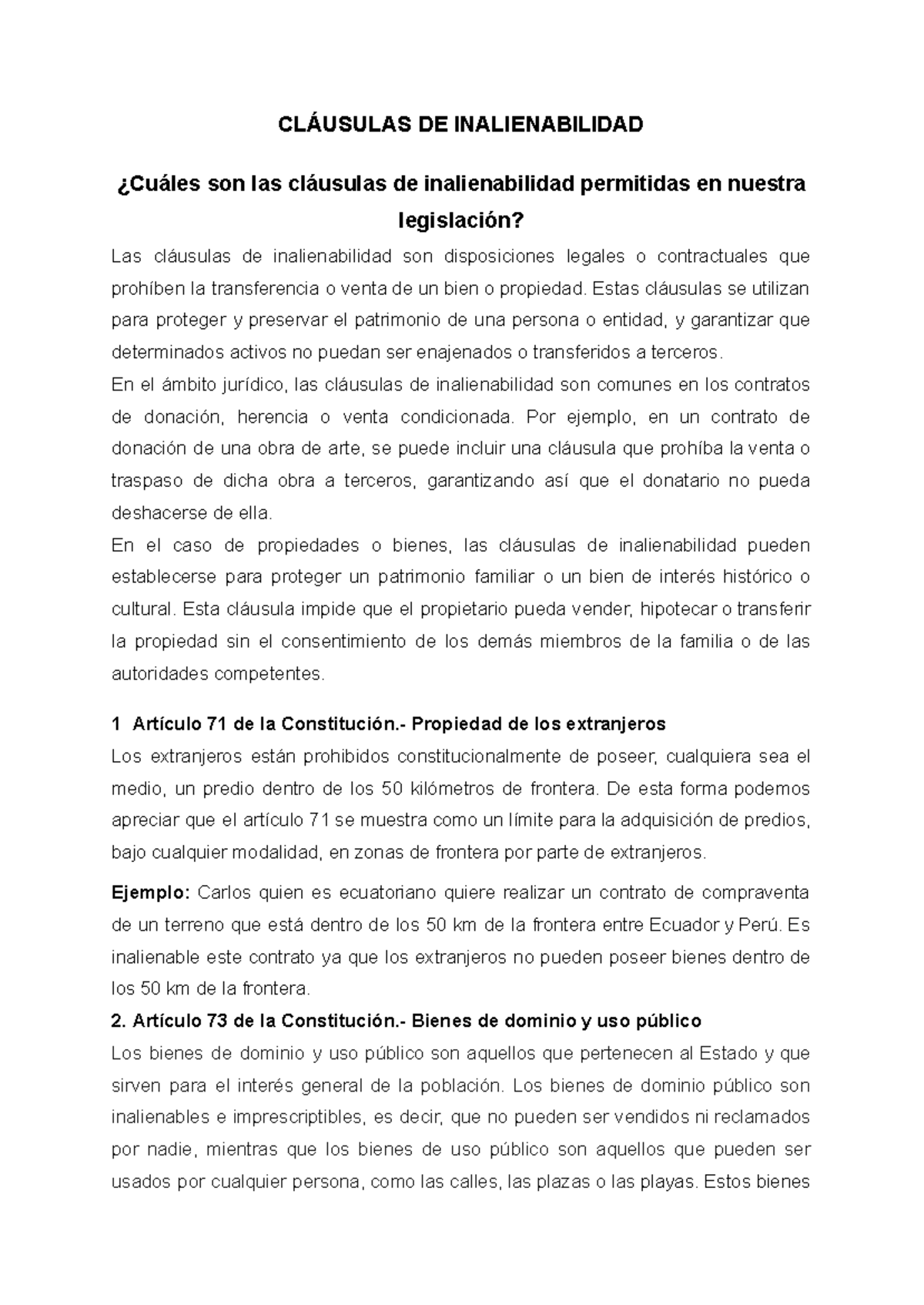 Cláusulas de Inalienabilidad en la Legislación Actual de Ecuador - Studocu
