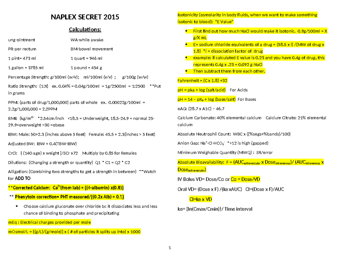 342043511-267863279- Naplex-Note - NAPLEX SECRET 2015 Calculations: ung ...