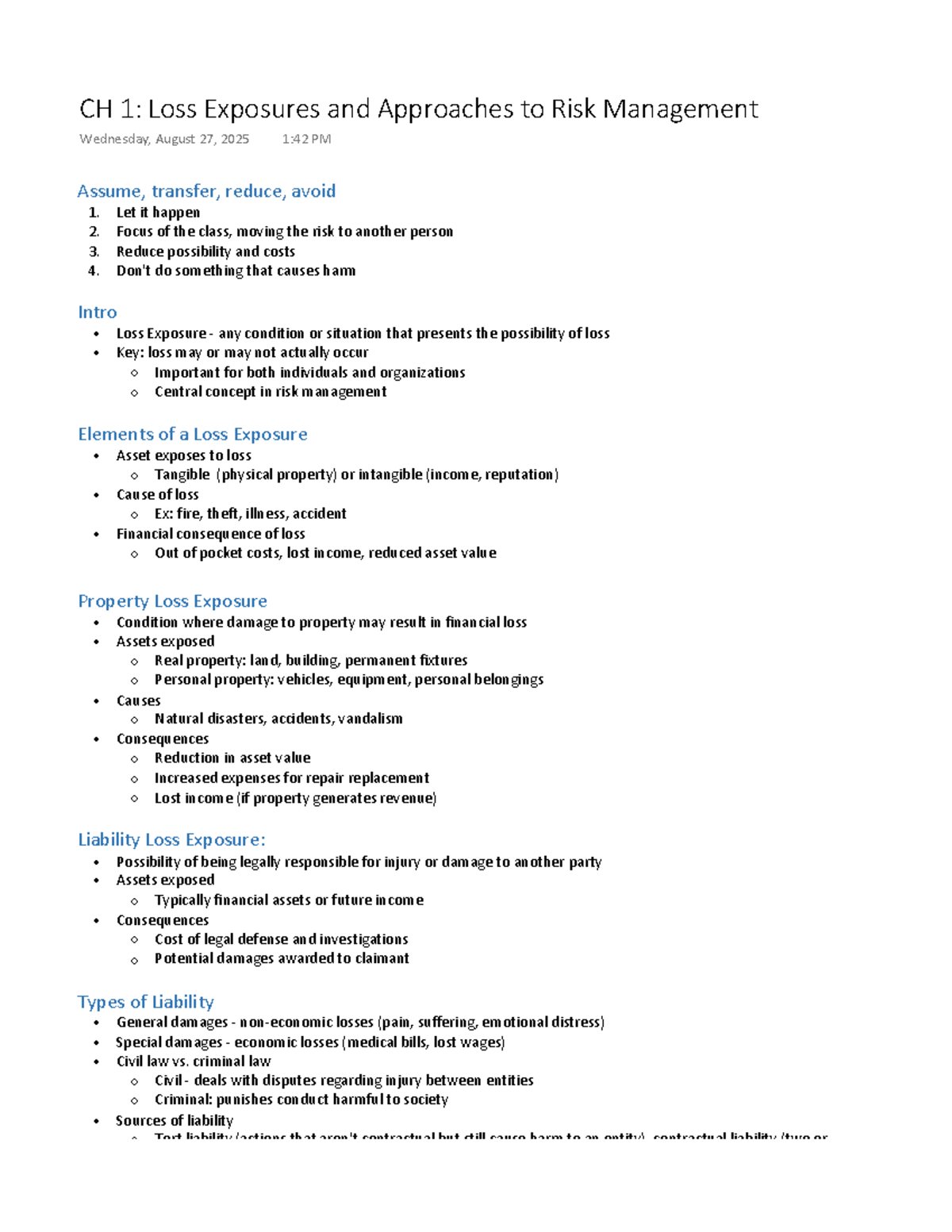 CH 1: Overview of Loss Exposures & Risk Management Approaches - Studocu