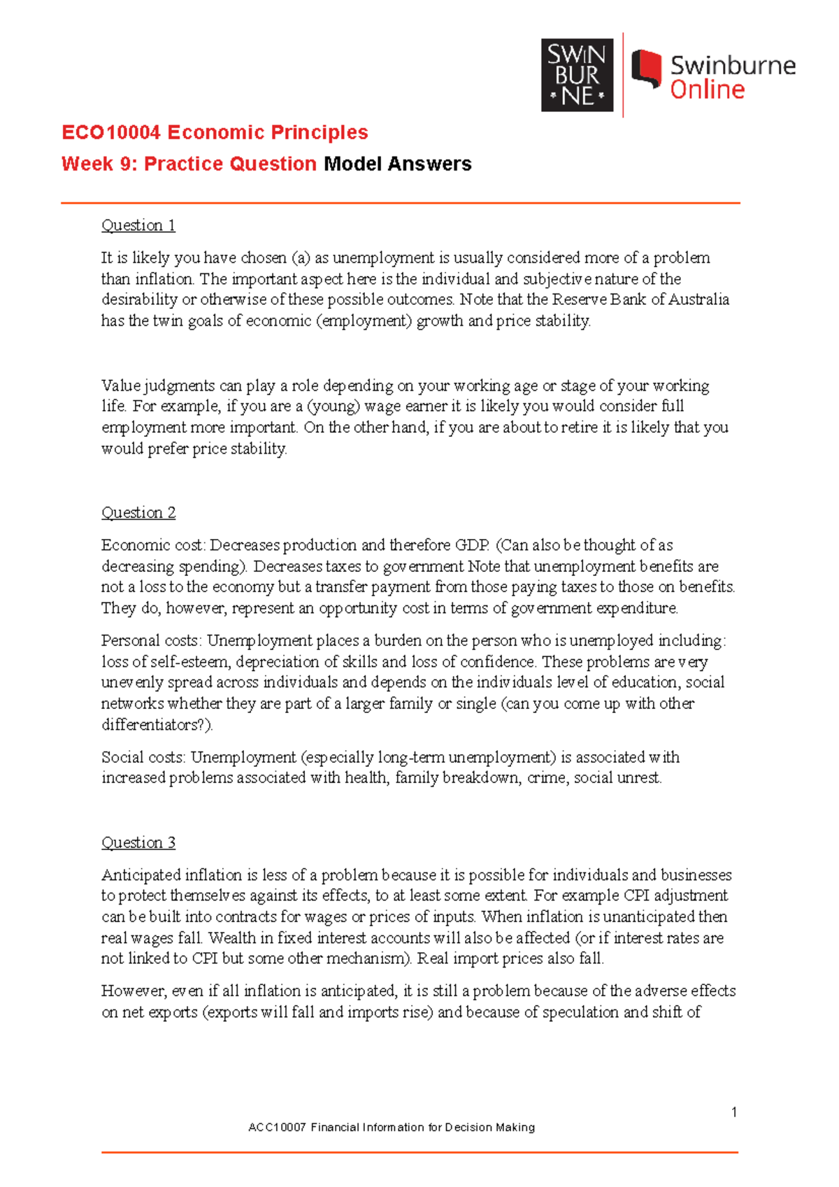 ECO10004 practice questions model answers week9 - ECO10004 Economic ...