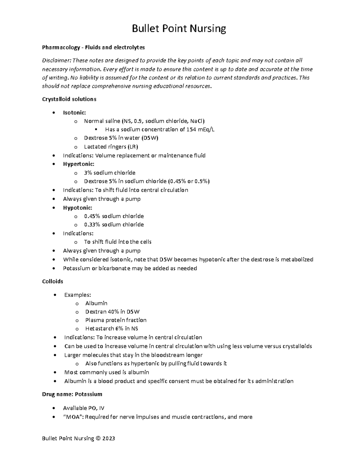 Pharmacology - Fluid and electrolytes - Bullet Point Nursing Bullet ...