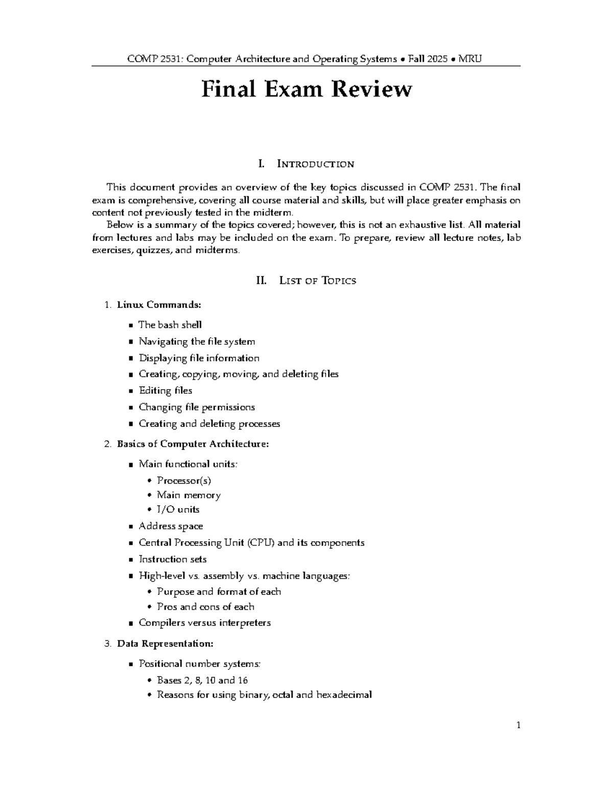 COMP 2531: Computer Architecture & OS Fall 2025 Final Exam Review - Studocu