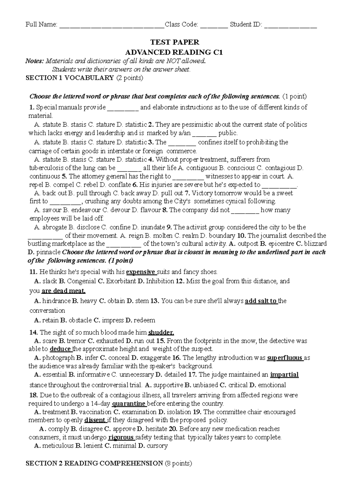 [ARC1] Advanced Reading C1 Practice Test Notes - Studocu