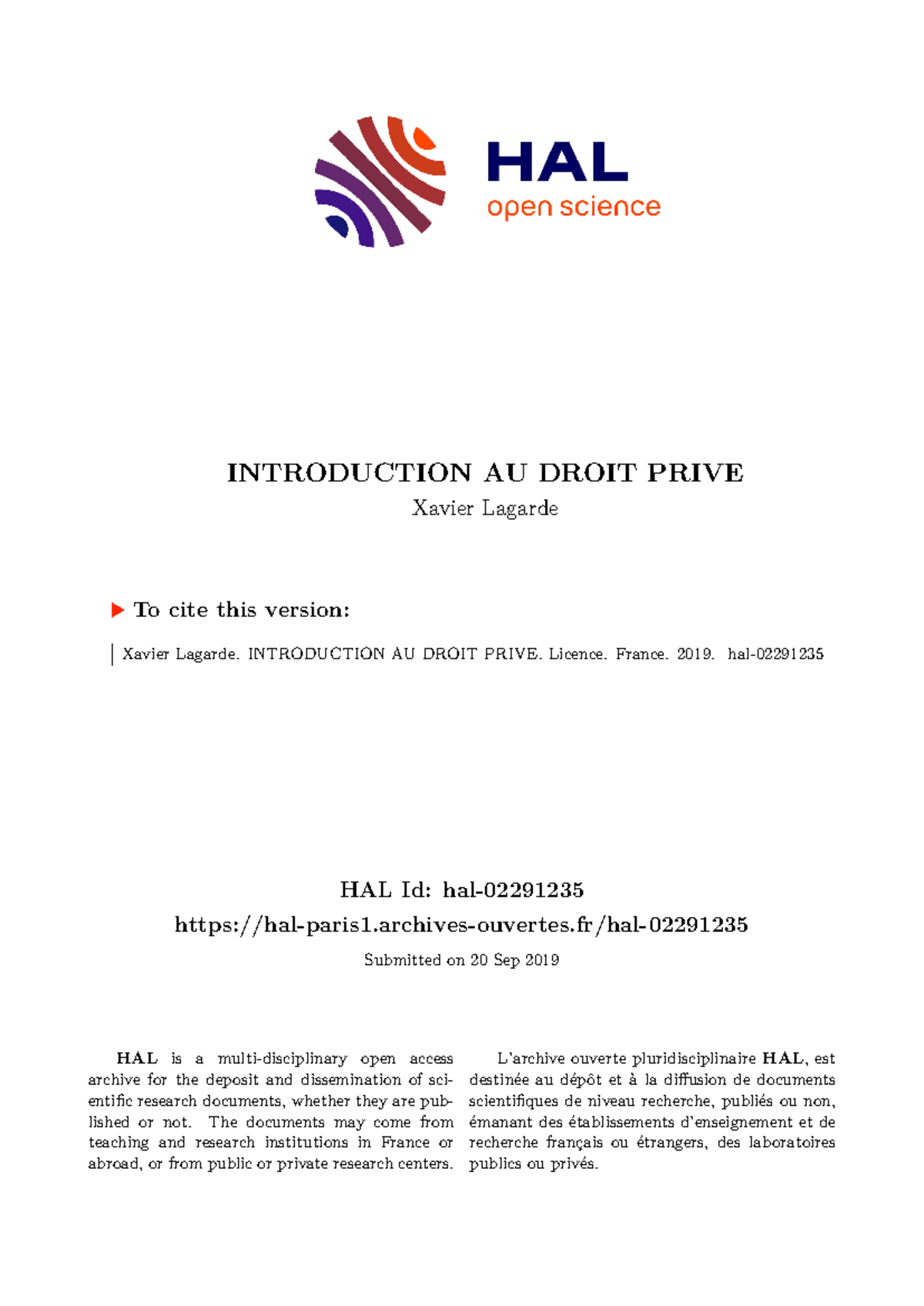 Introduction AU Droit Prive - Introduction - HAL Id: hal- hal-paris1 ...