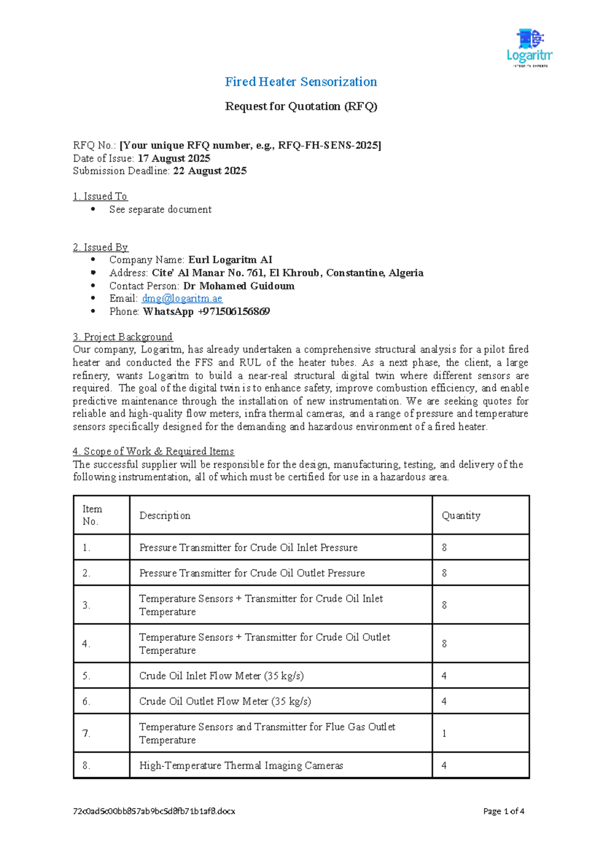 RFQ for Fired Heater Sensors - Submission by 22 Aug 2025 - Studocu