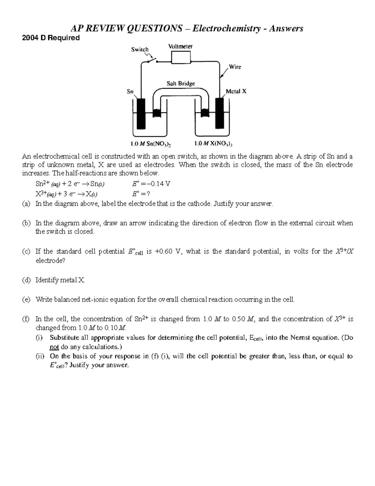 2013 - AP rev questions chap 18 Electrochemistry - answers - 2004 D ...