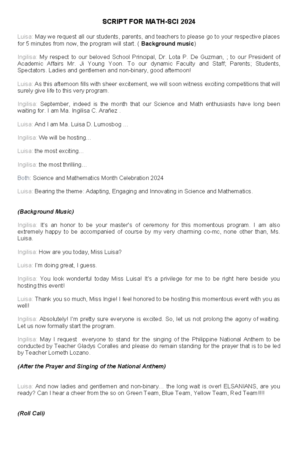 ELSA- Emcee Script for SCI-MATH 2024 Culmination Event - Studocu