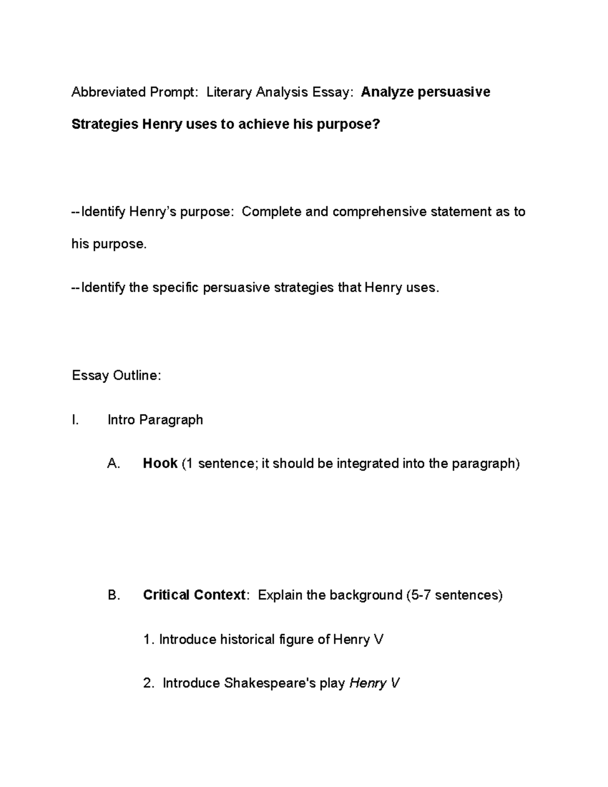 ENG 201: Literary Analysis Essay Outline on Henry V's Persuasive ...