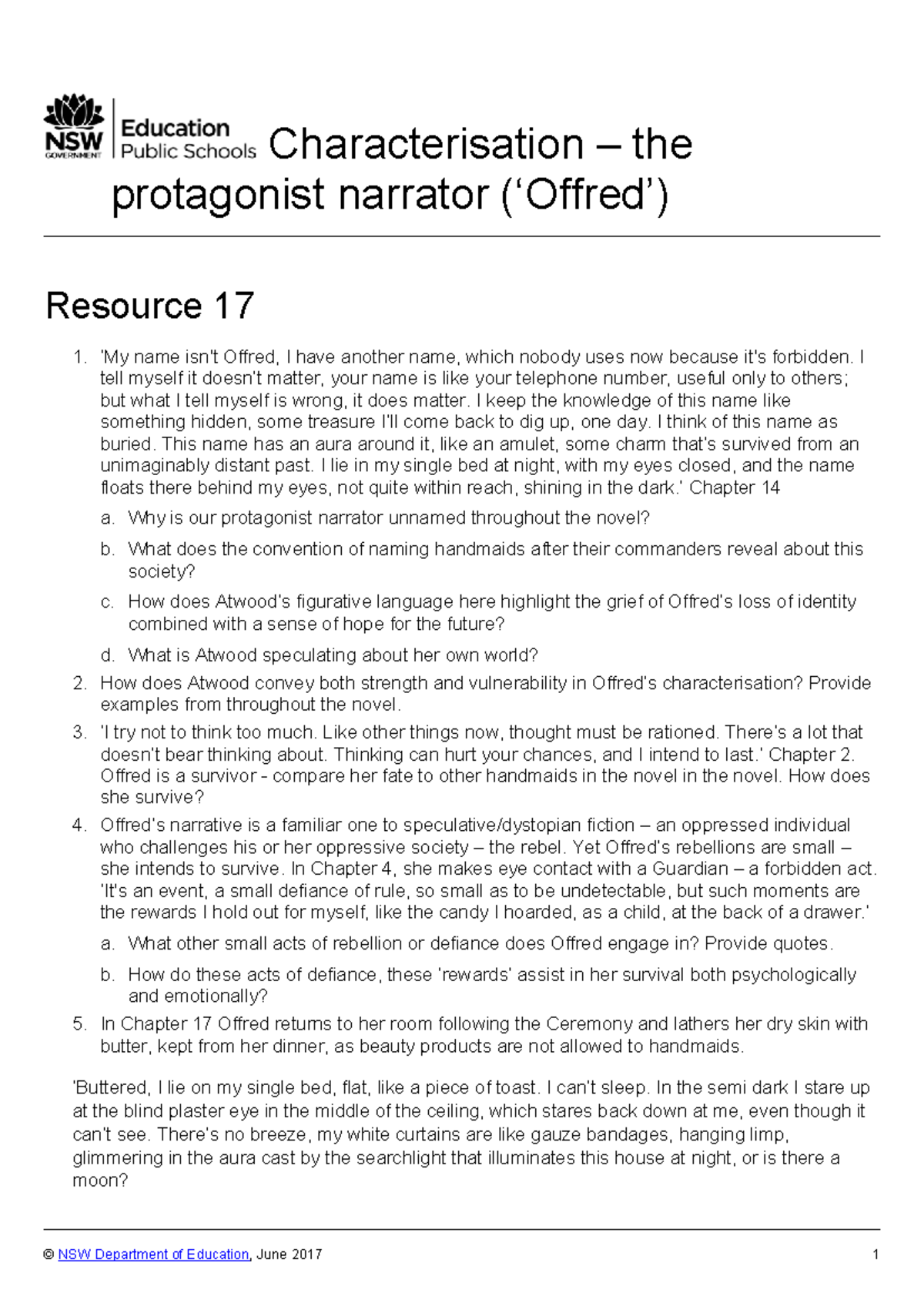 English Advanced Year 11: Speculative Analysis of Offred in The ...