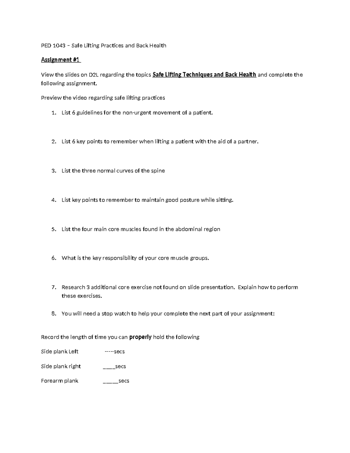 PED 1043 Safe Lifting Practices & Back Health Assignment Worksheet ...