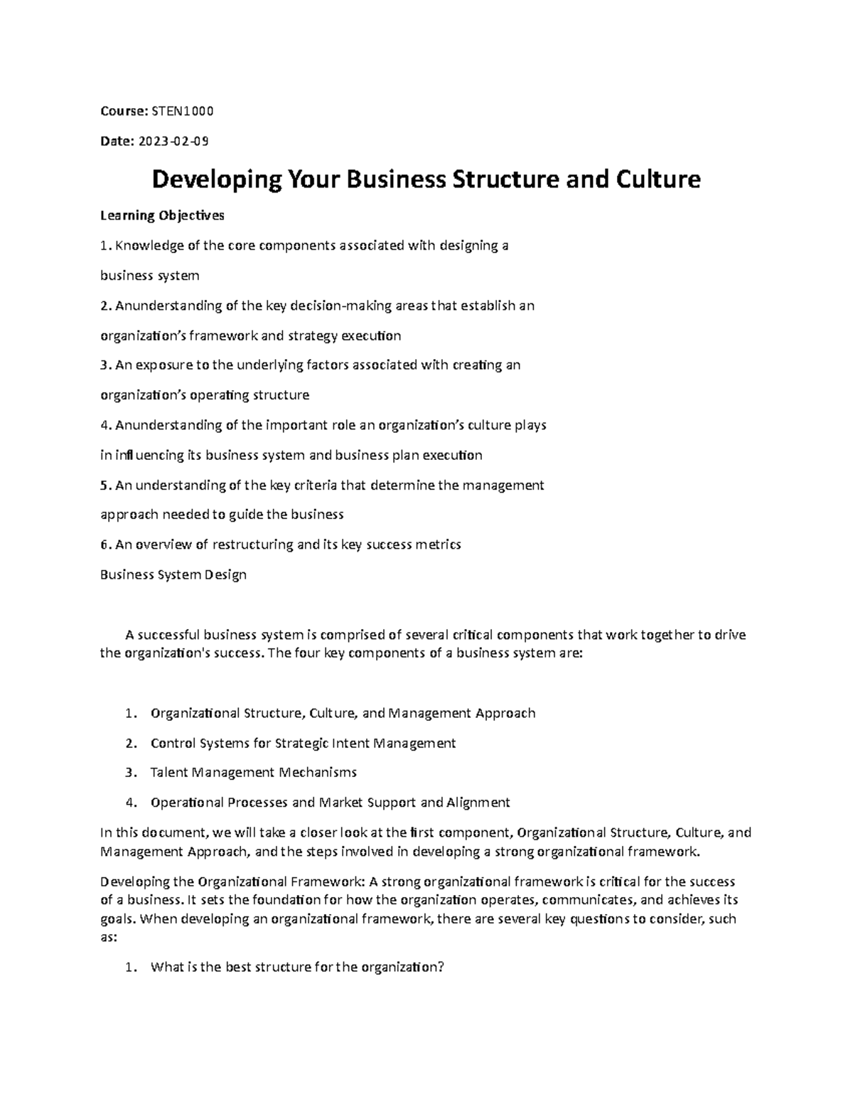 STEN: Developing a Robust Business System Framework and Culture - Studocu