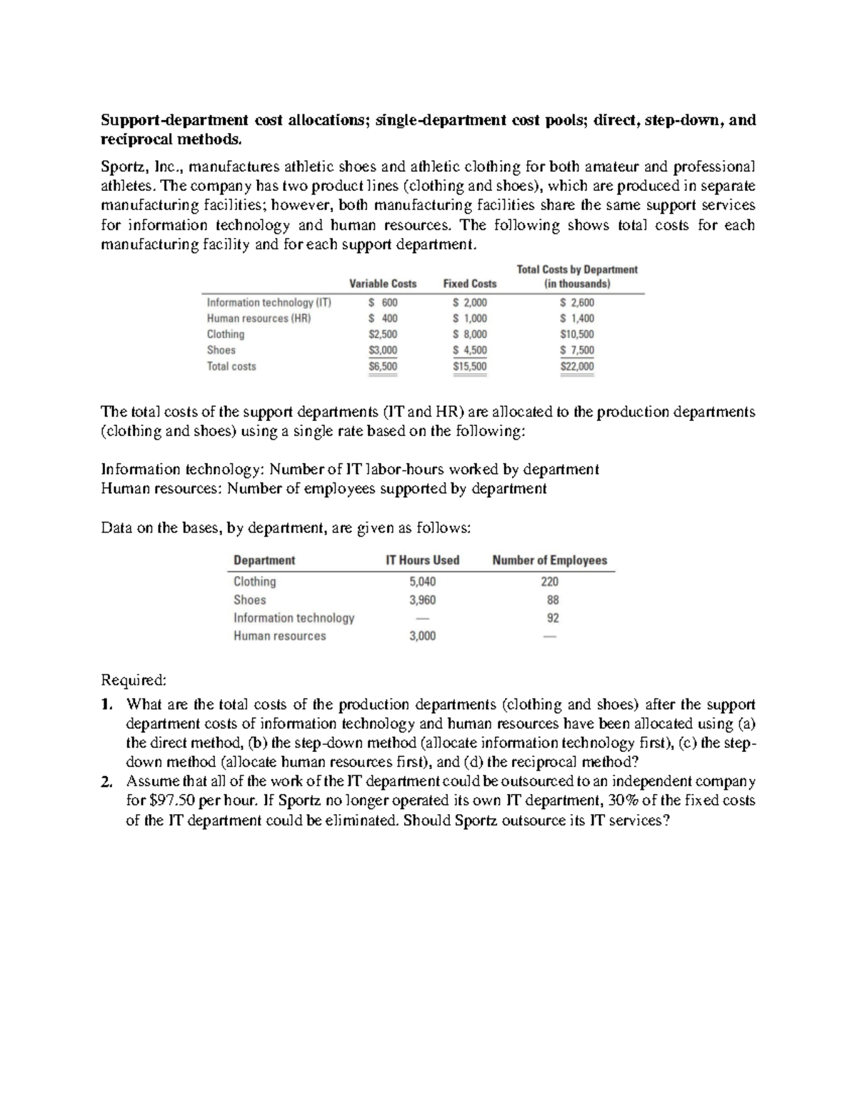 Cost Allocation Methods for Support Departments - Case Study - Studocu