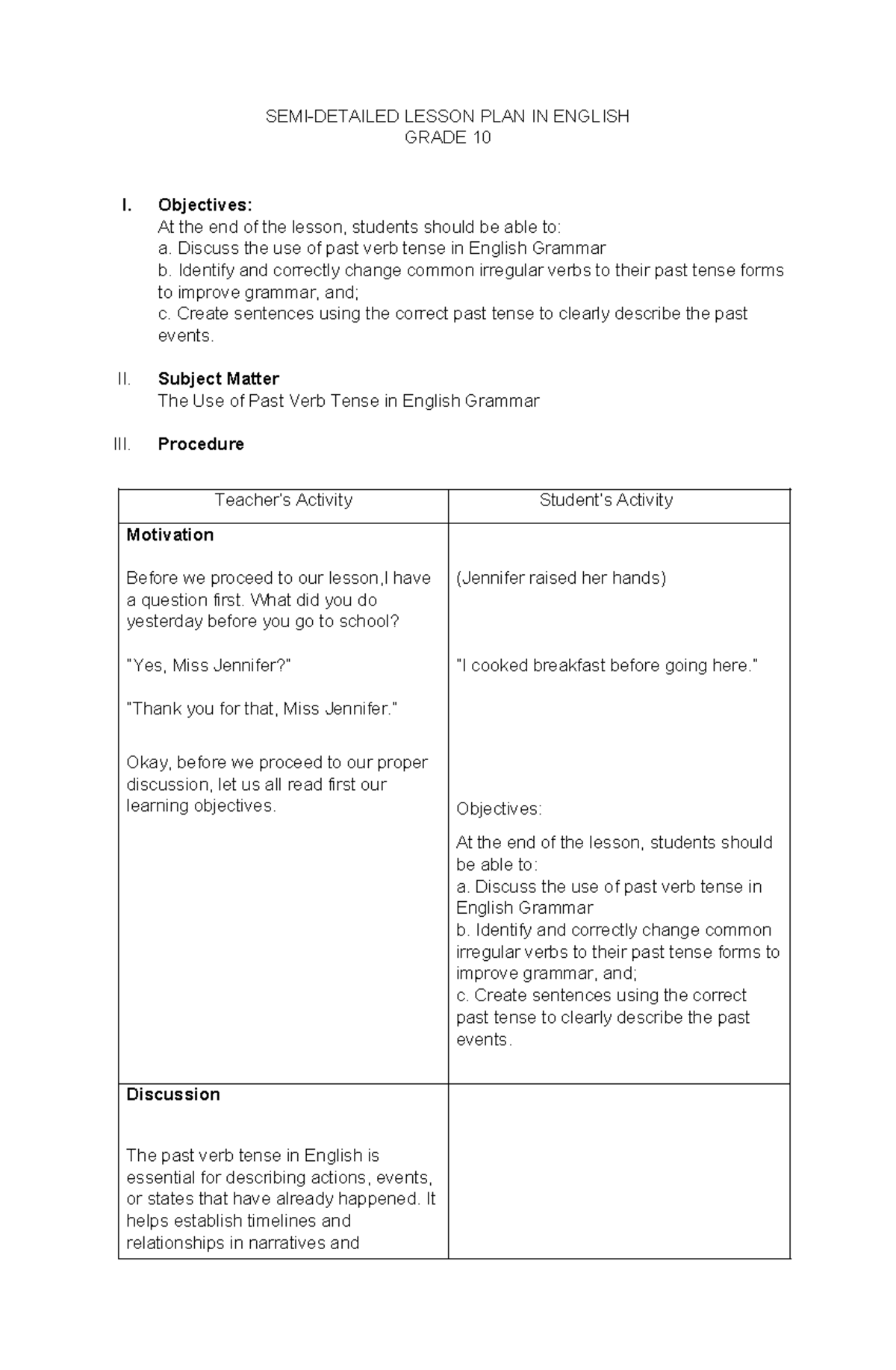 SEMI-Detailed Lesson Plan in English Grade 10: Past Verb Tense - Studocu