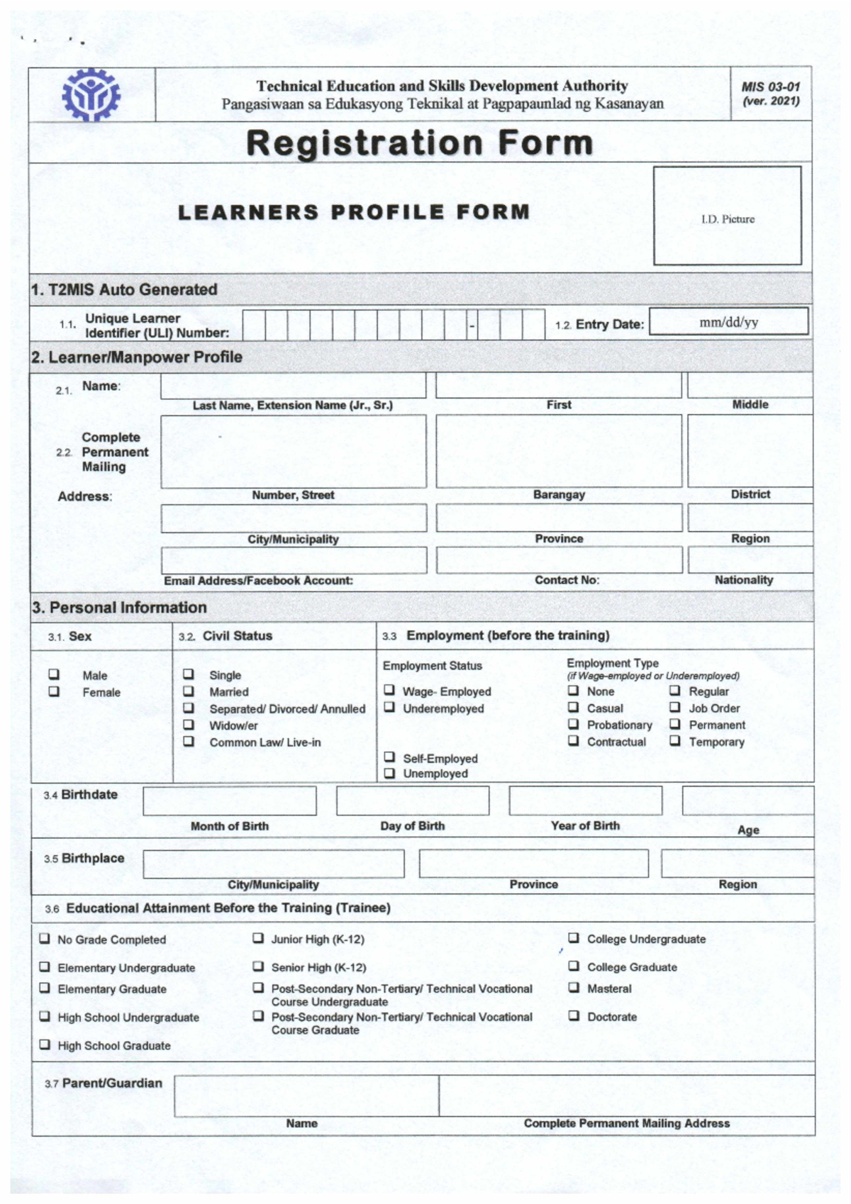 MIS 03 - Registration Form for Technical Learners' Profiles - Studocu