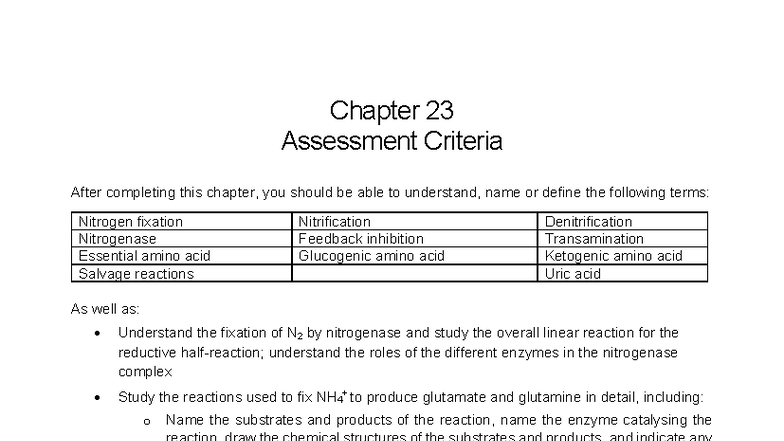 Chapter 23 Assessment Criteria: Nitrogen Fixation & Amino Acids 2025 - Studocu