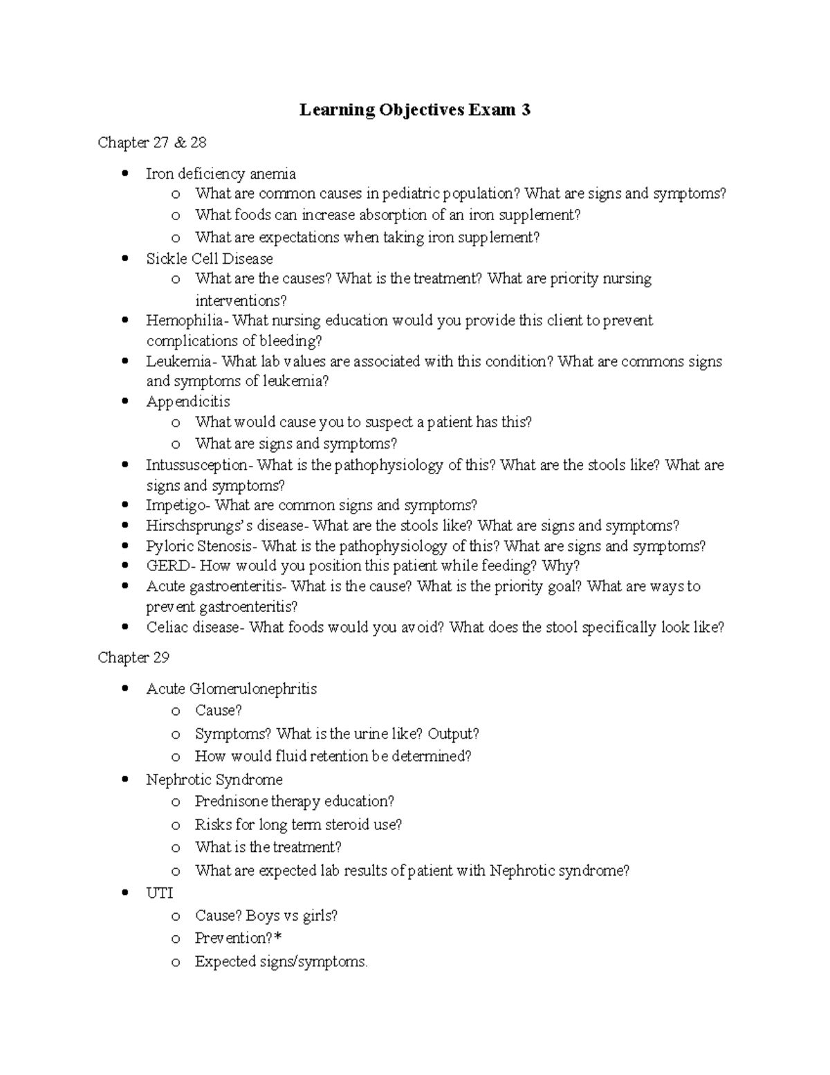 LPN Pediatrics- Exam 3 Learning Objectives -1 - Learning Objectives ...
