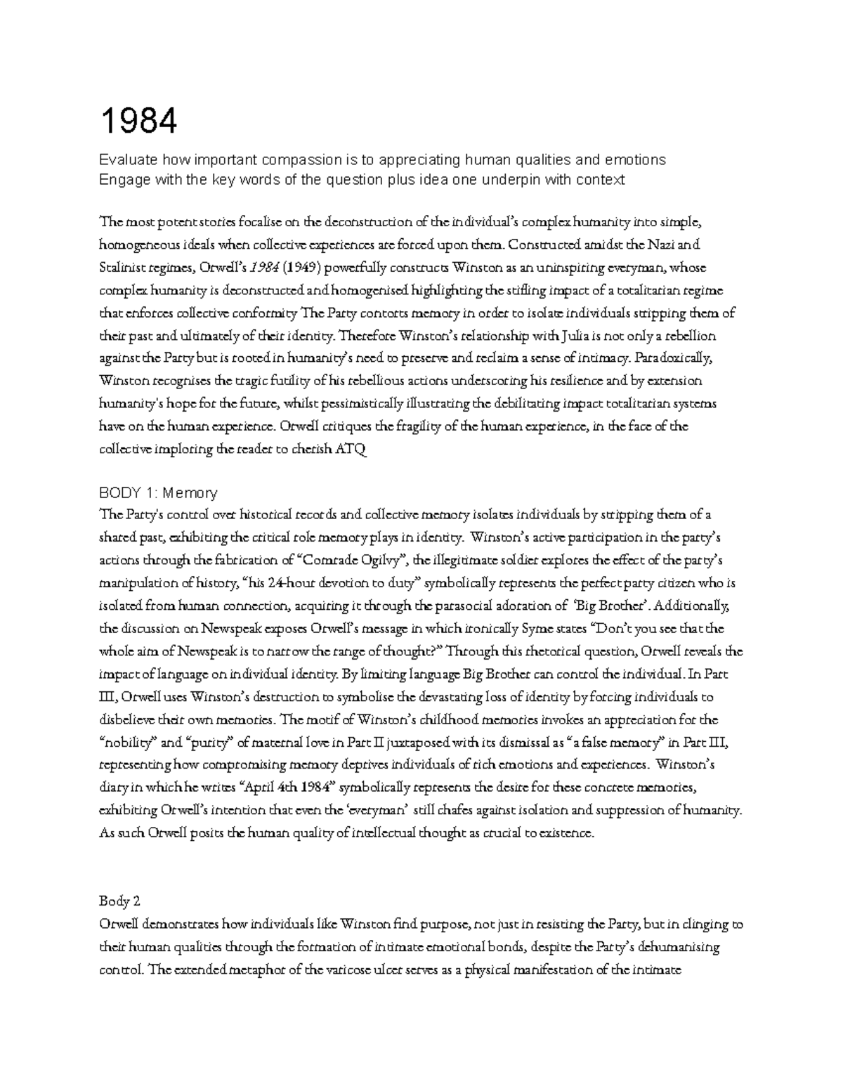 ENG 101 Essay: The Role of Compassion in Understanding Humanity in 1984 ...
